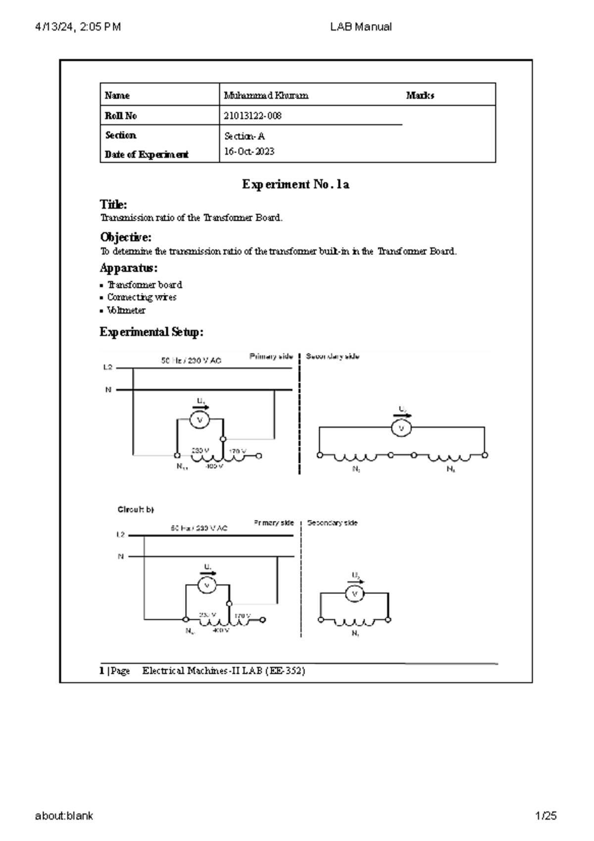 LAB Manual - 3-Phase Transformer Switching group Yy - 1 | Page ...