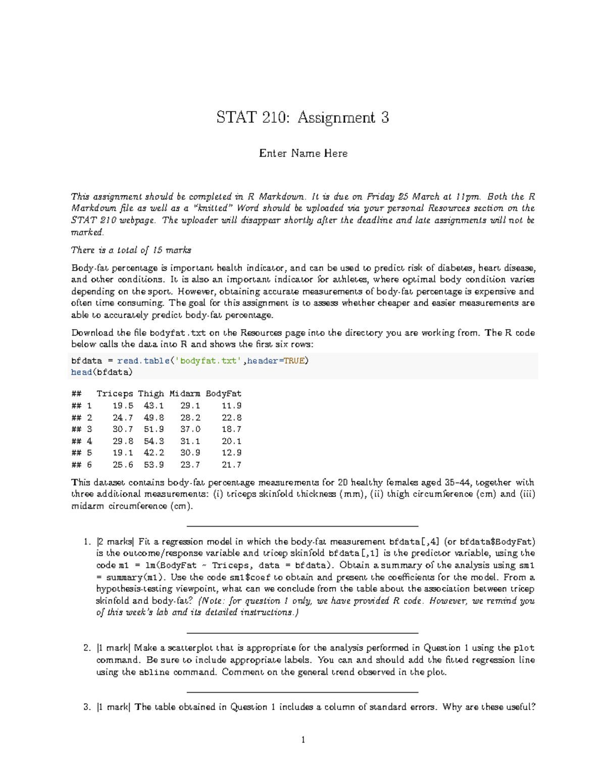 Ass3 2022 Assignment 3 2022 Stat210 Part Of The Assignments For The