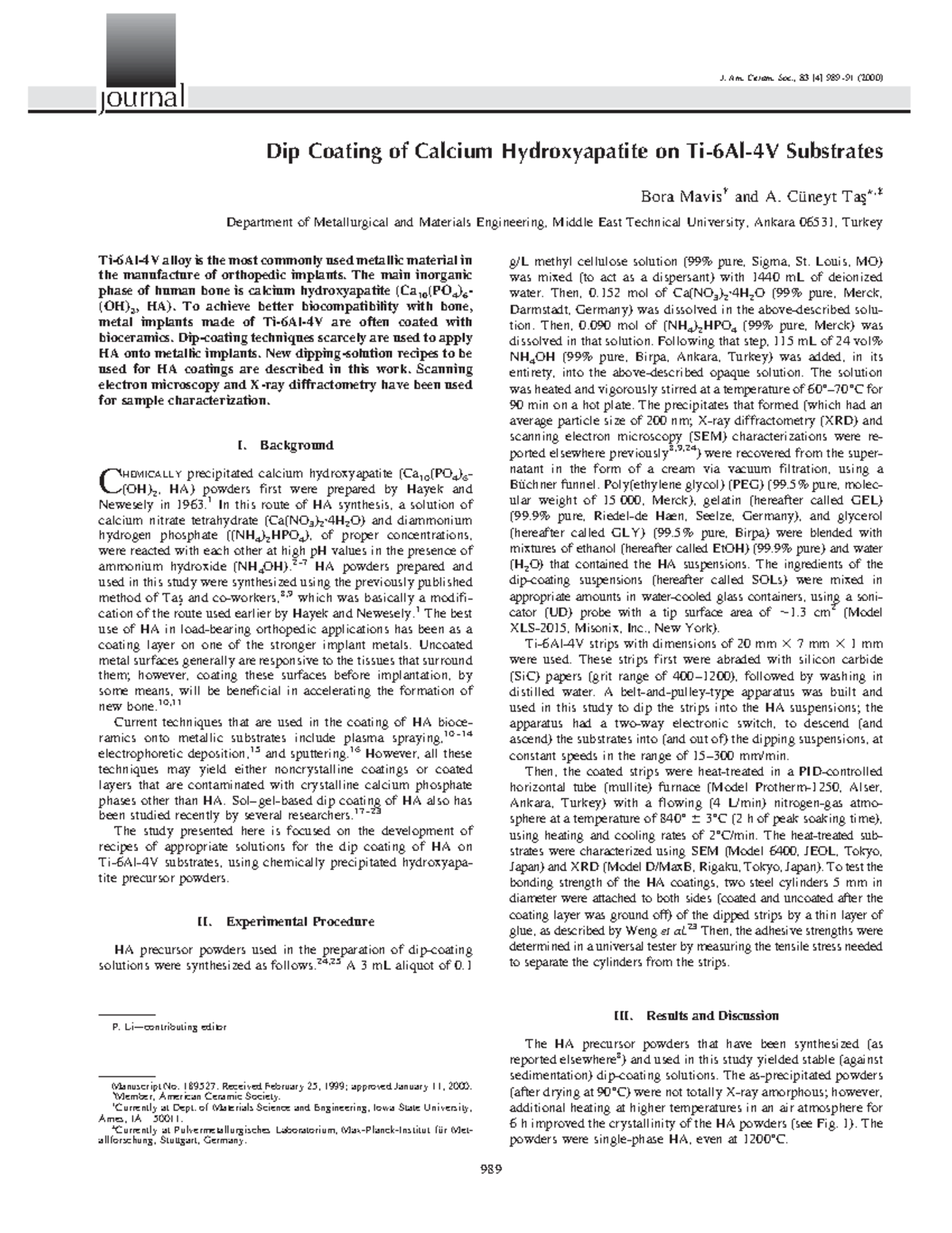 Dip Coating of Calcium Hydroxapatite on Ti-6A1-4V Substrates - Dip ...