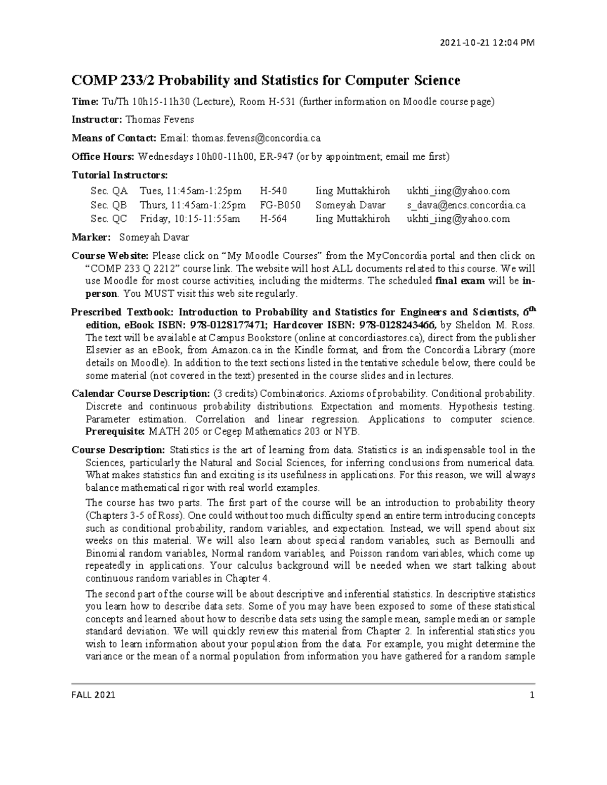 COMP 233 Course Outline Fall 2021 - COMP 233/2 Probability and Statistics for Computer Science ...