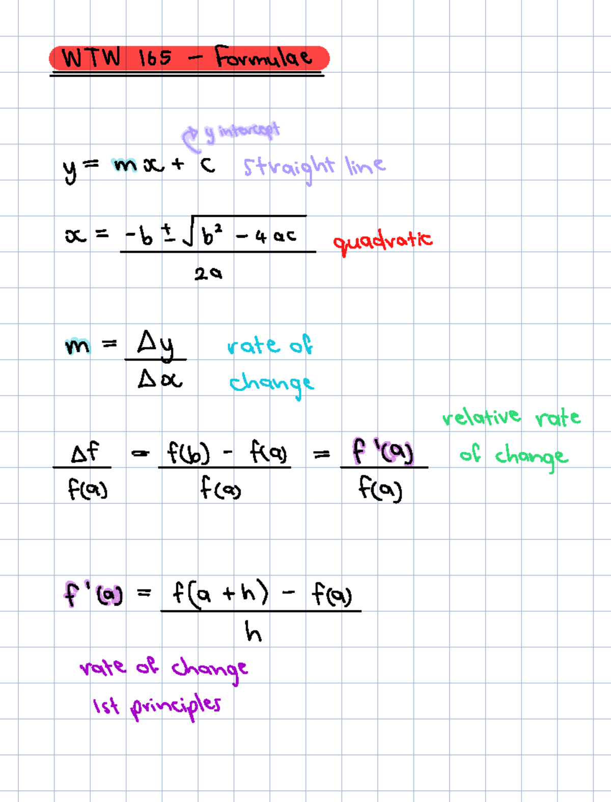 Formula sheet - WTW 165 - WTW 165 formulae yintercept y moc a straight line b b 4ac quadratic 29 ...