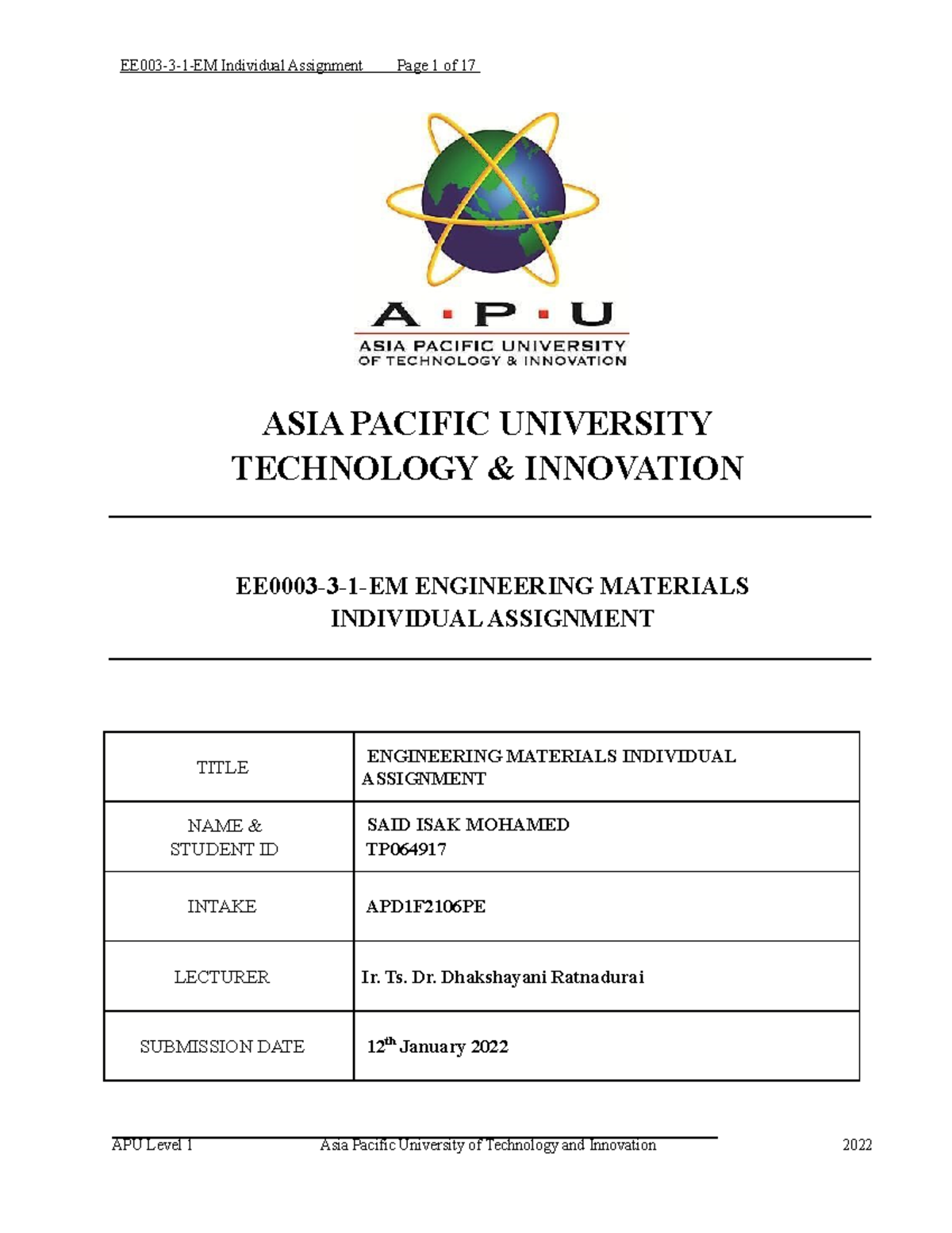 EM Individual assignment - ASIA PACIFIC UNIVERSITY TECHNOLOGY ...