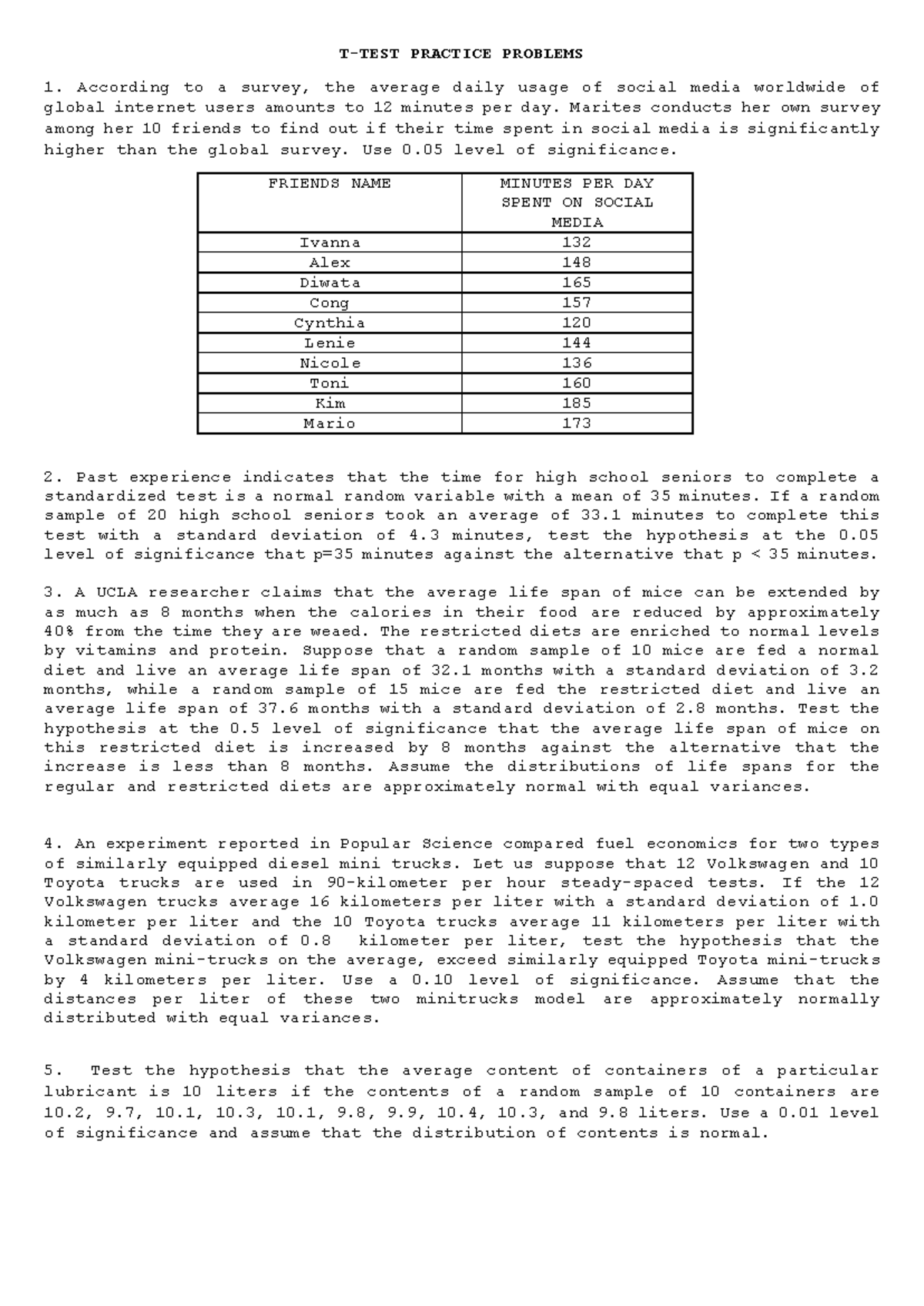T-TEST Practice Problems - T-TEST PRACTICE PROBLEMS According to a ...