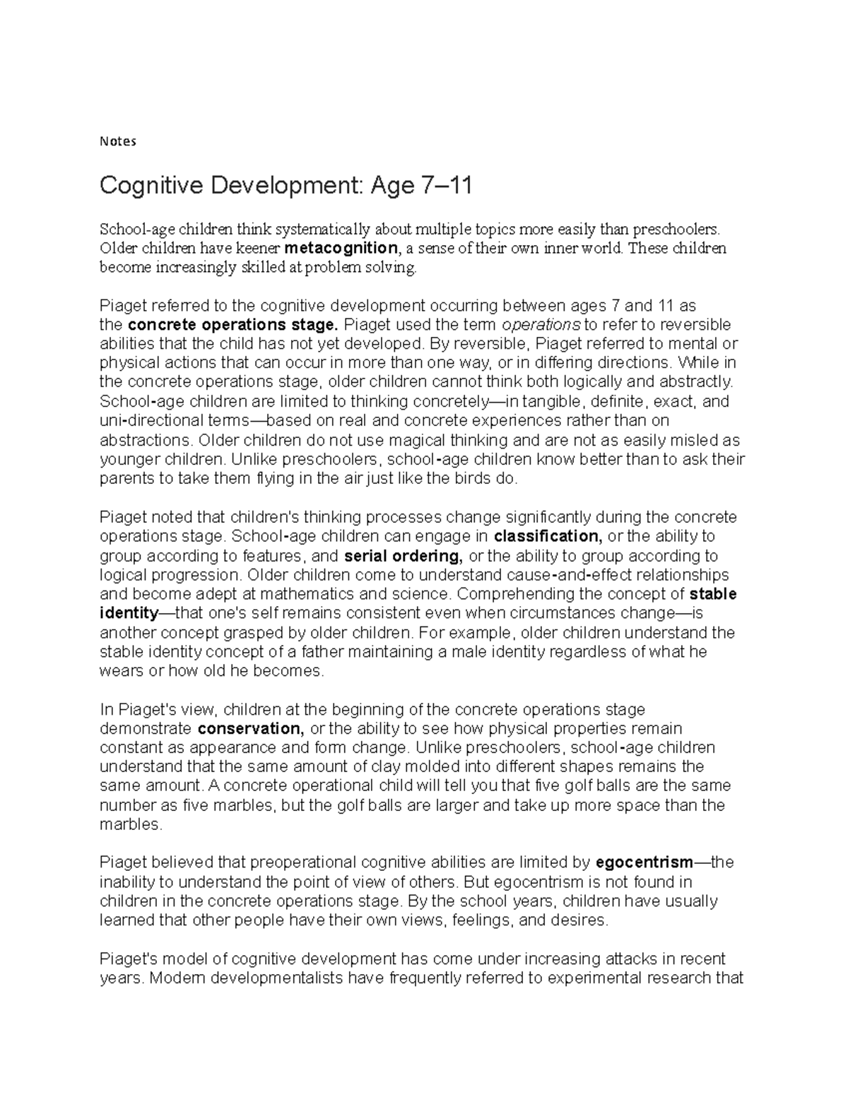 Document 101 - growing - Notes Cognitive Development: Age 7– School age ...