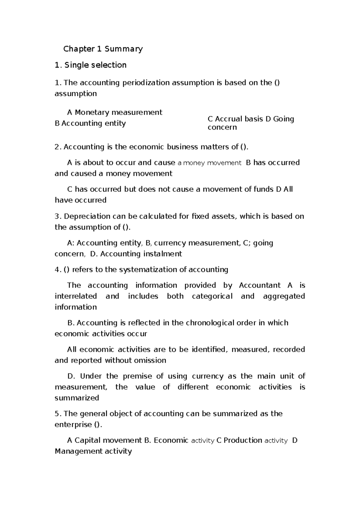 Summary - Chapter 1 Summary 1. Single selection The accounting ...