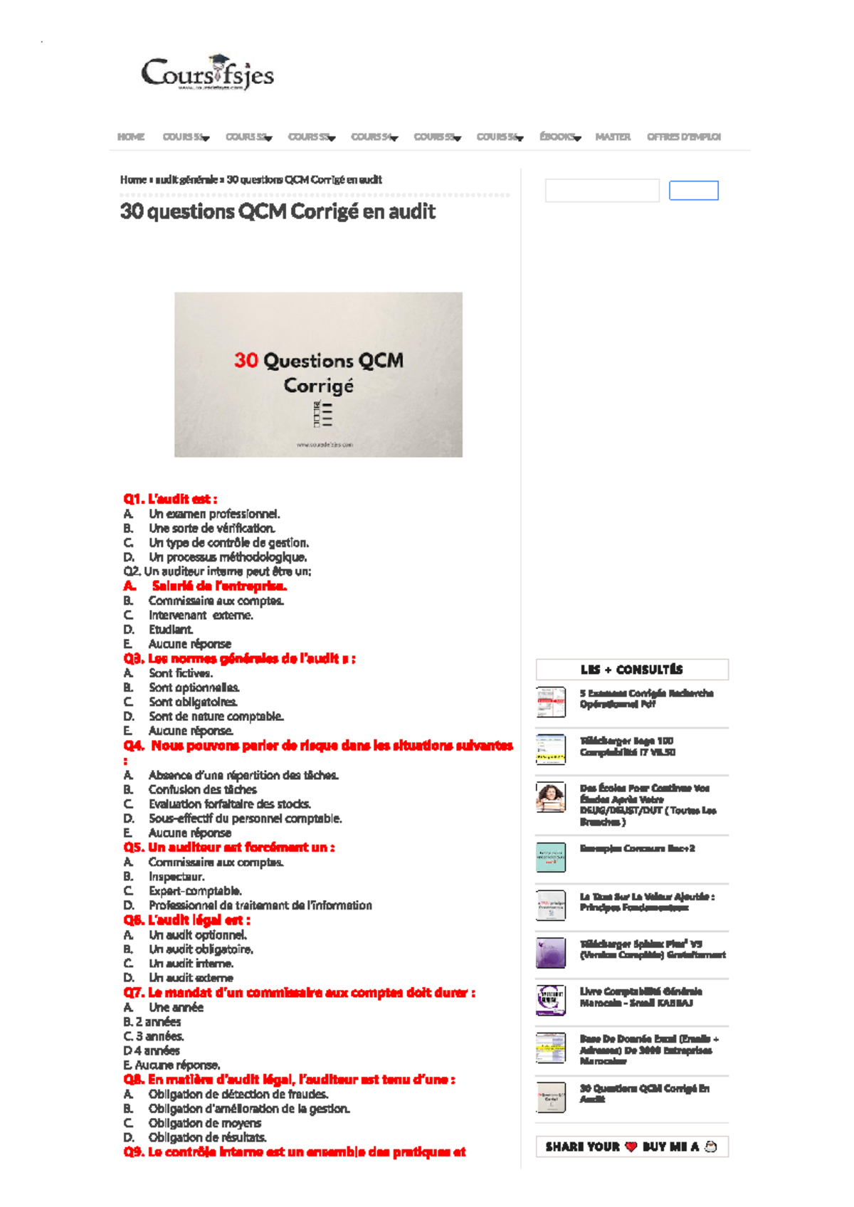 30 questions QCM Corrigé en audit Cours fsjes - Audit social - Studocu