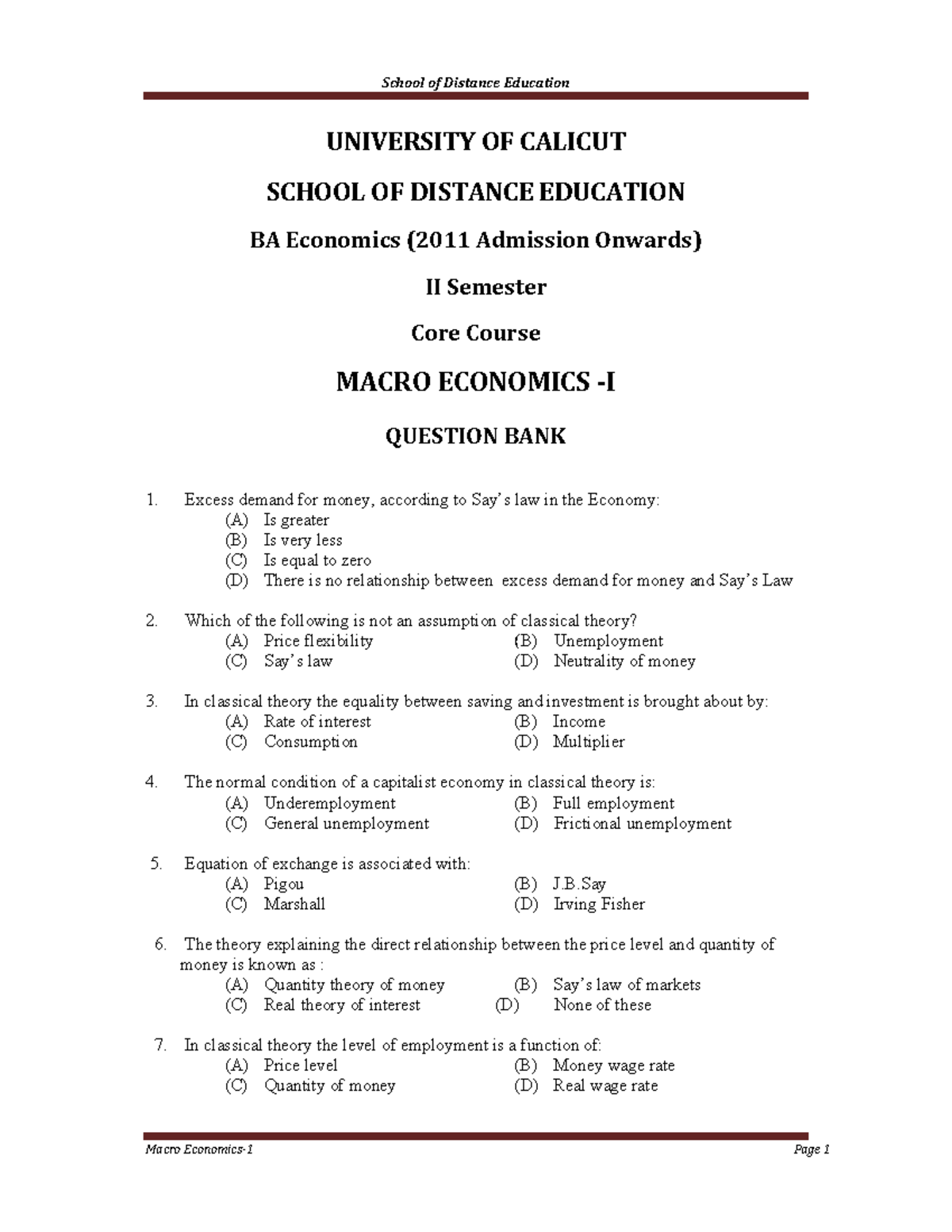 Macro Economics 1 BA Economic Question BANK1 - UNIVERSITY OF CALICUT ...