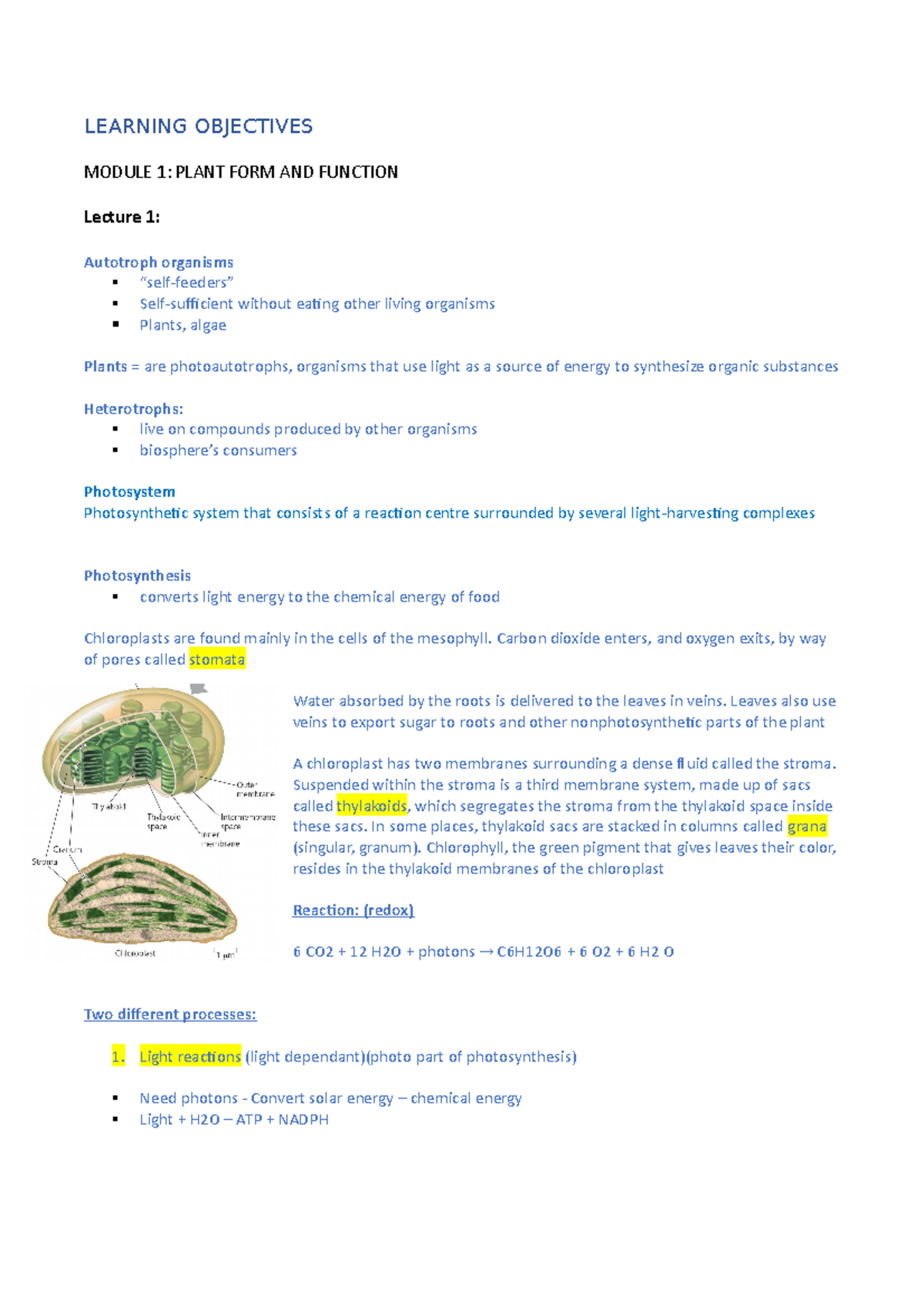 Module 6 - Plant Form & Function - LEARNING OBJECTIVES MODULE 1: PLANT ...
