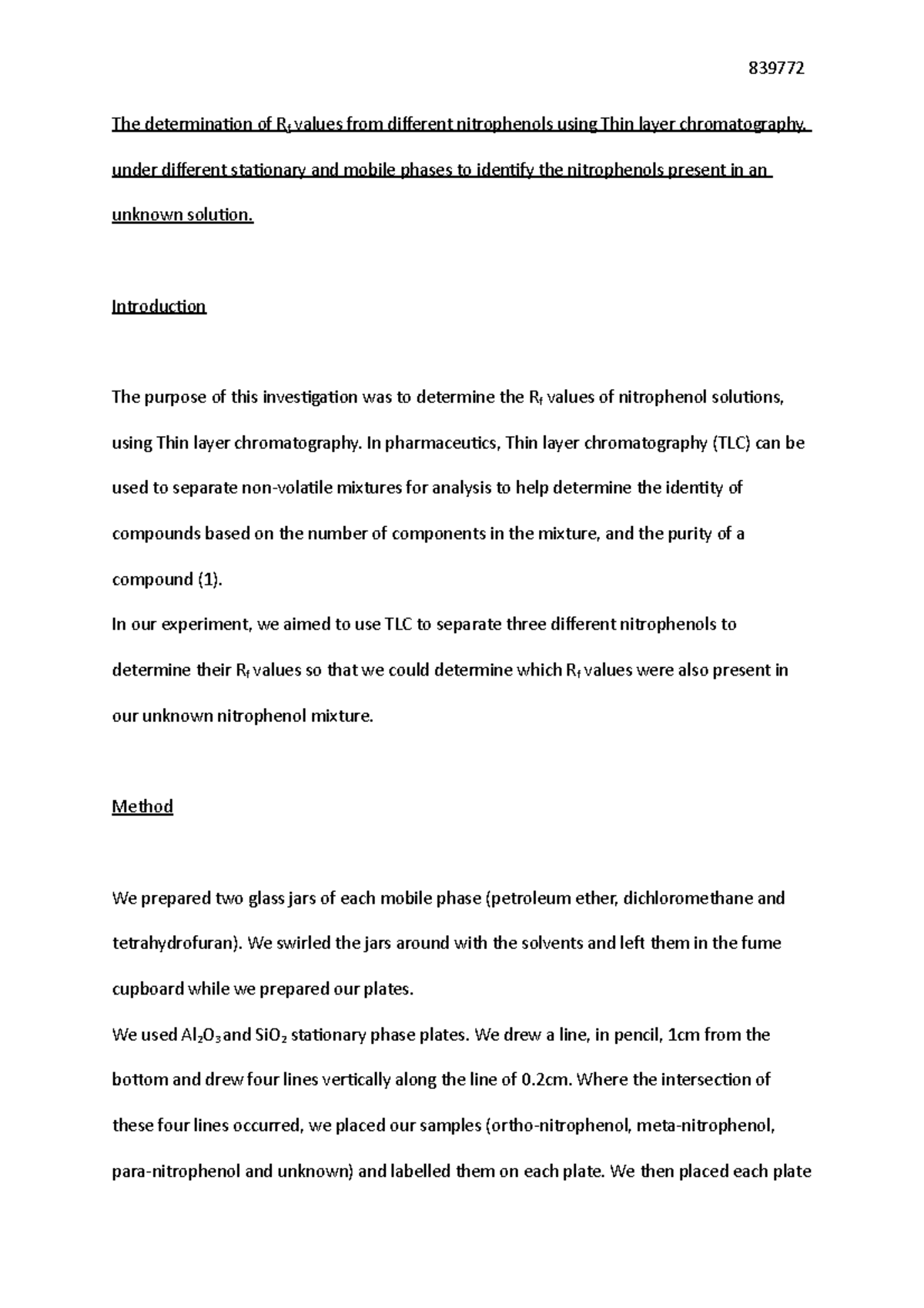 Chromatography practical write up (Autosaved) - The determination of Rf ...