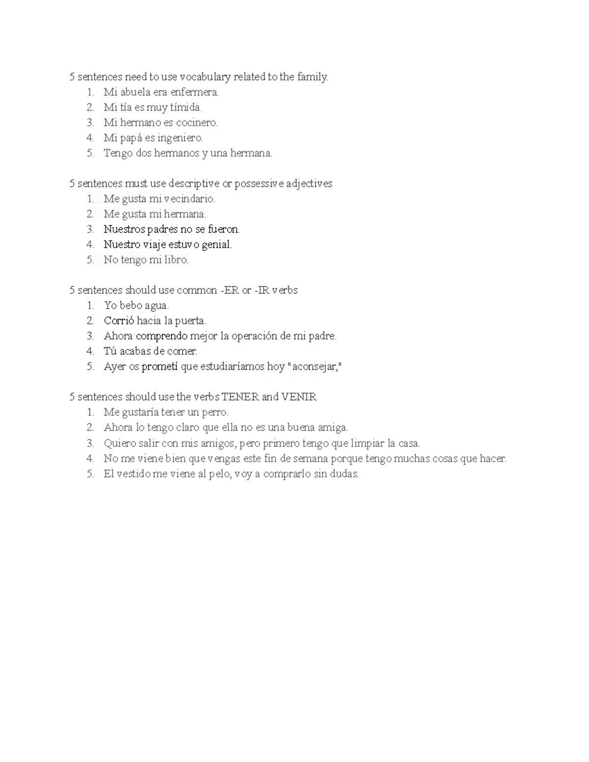 Composición - Yo, mi familia y más - 5 sentences need to use vocabulary ...