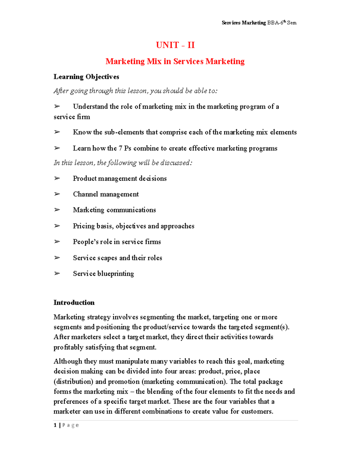 Services Marketing BBA-6th Sem UNIT 2 - UNIT - II Marketing Mix in ...