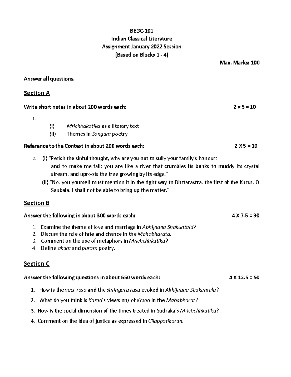 BEGC 101 - Assignment - BEGC- Indian Classical Literature Assignment ...