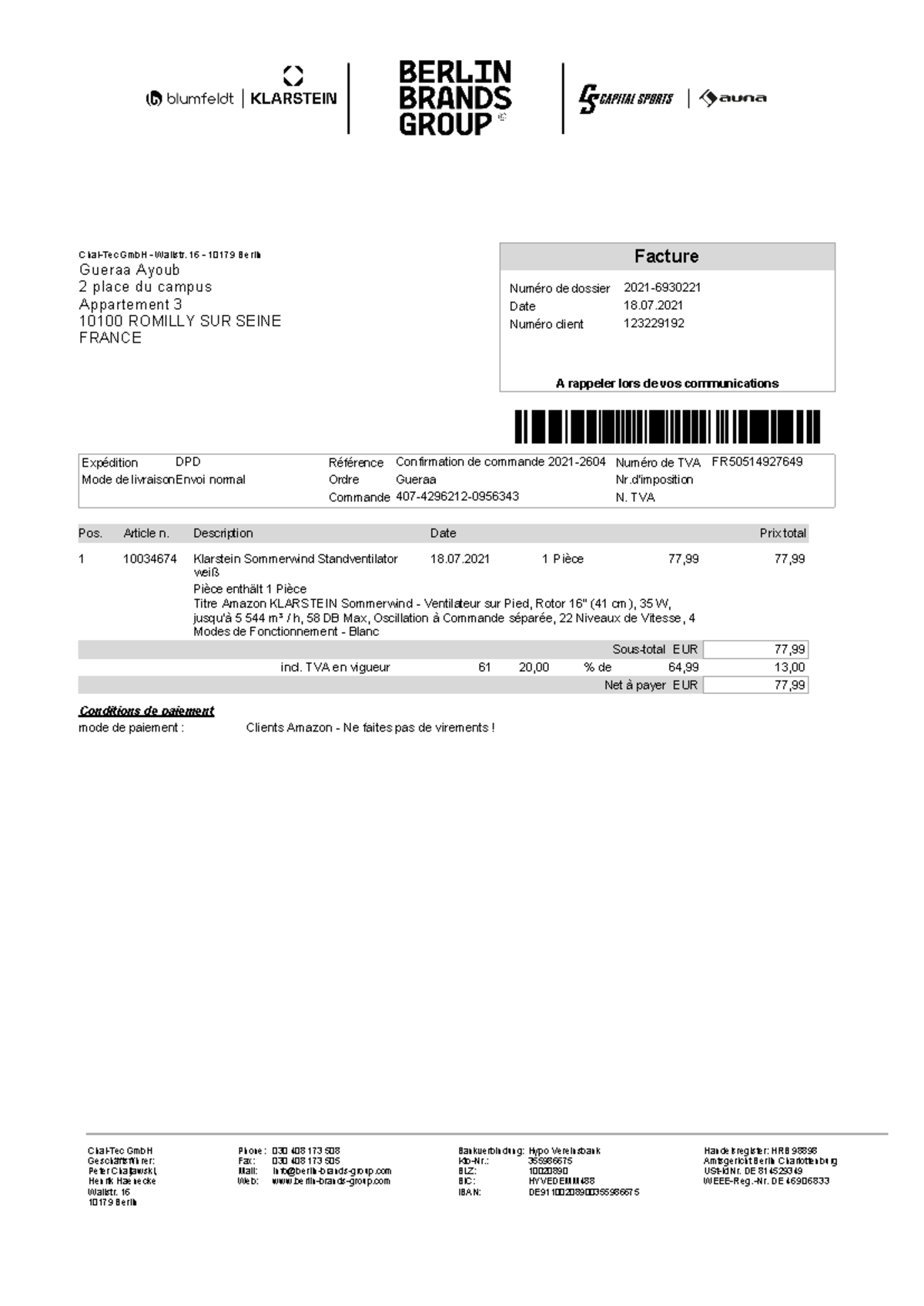 Facture klarstein - Chal-Tec GmbH Geschäftsführer: Peter Chaljawski ...