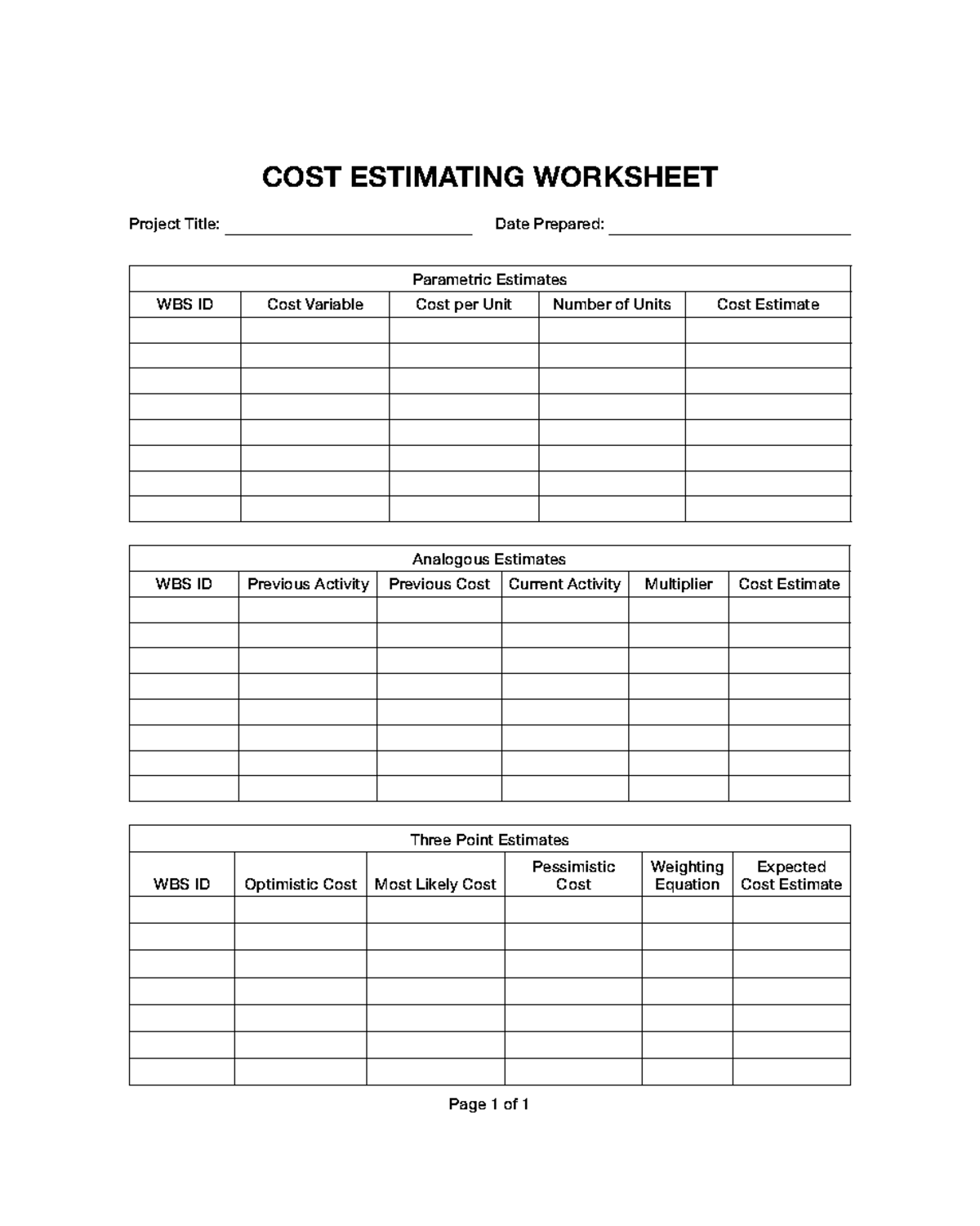 Cost Estimating Worksheet - 16912 - COST ESTIMATING WORKSHEET Project ...