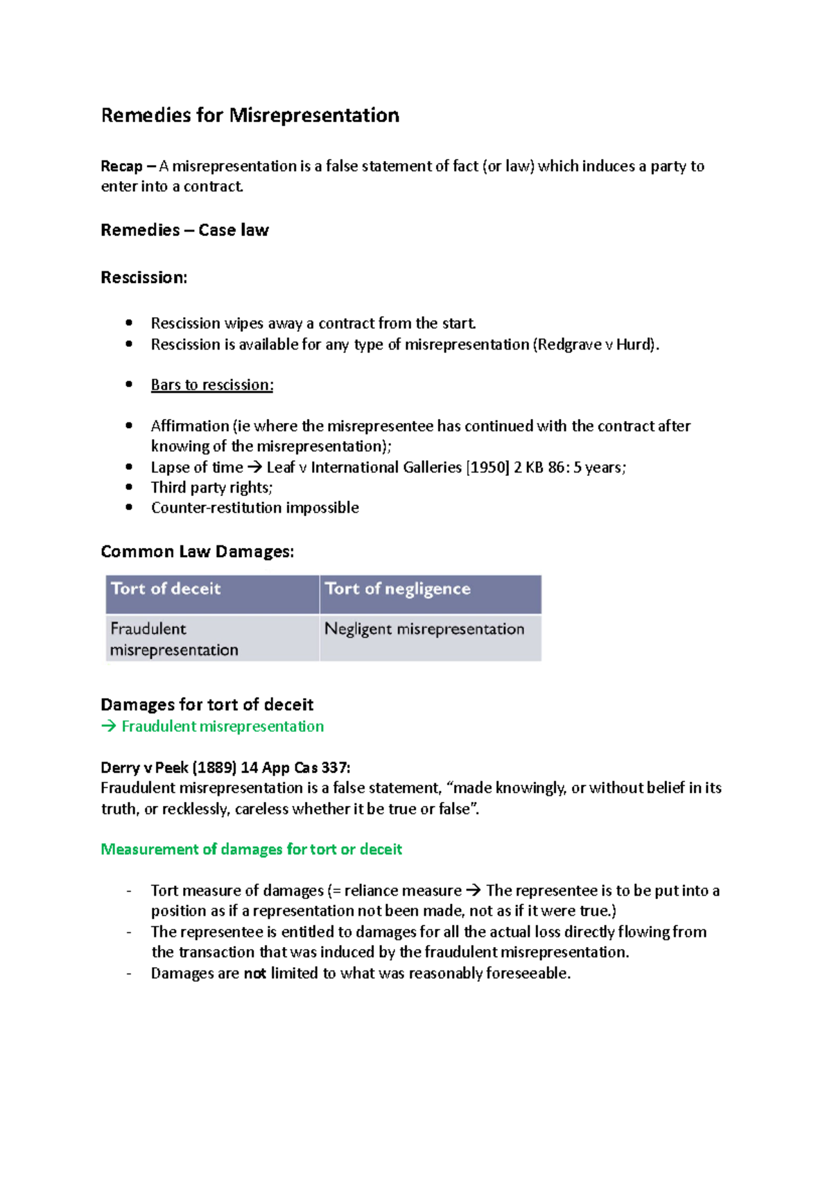 Week 6 - Remedies for Misrepresentation - Remedies for ...