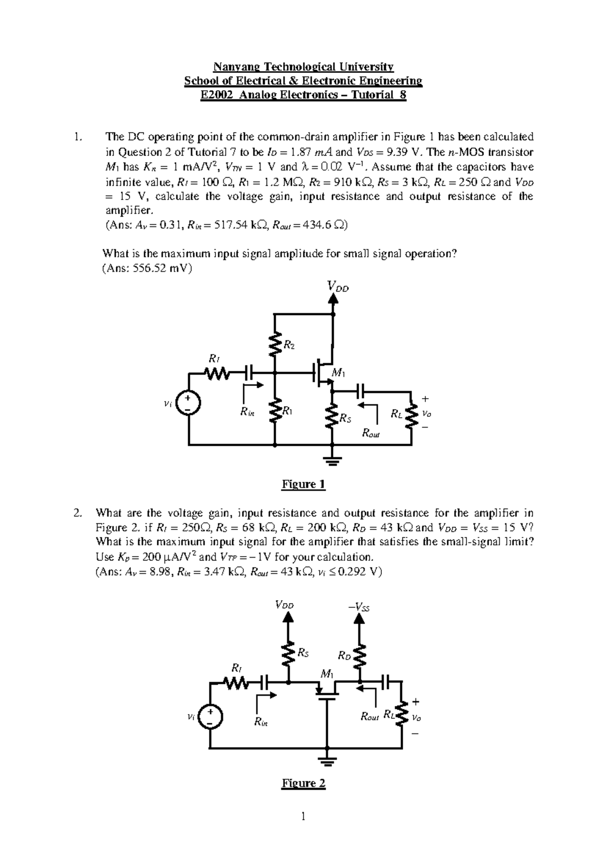 Tutorial 8 - sol - 1 Nanyang Technological University School of Electrical & Electronic - Studocu