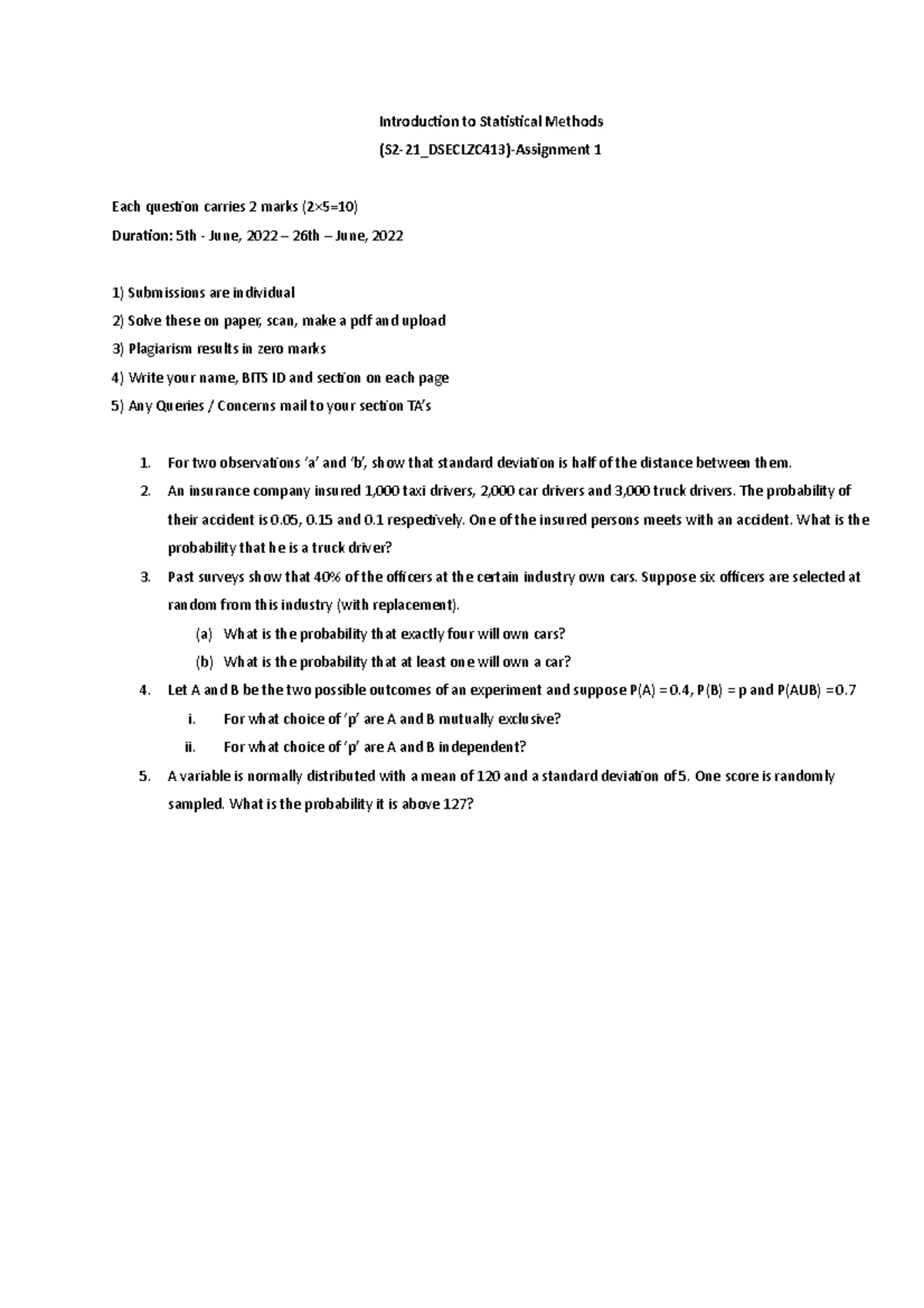 Assignment-1 (AIML Section 1) Solution - Introduction to Statistical Methods (S 1 - 23 ...