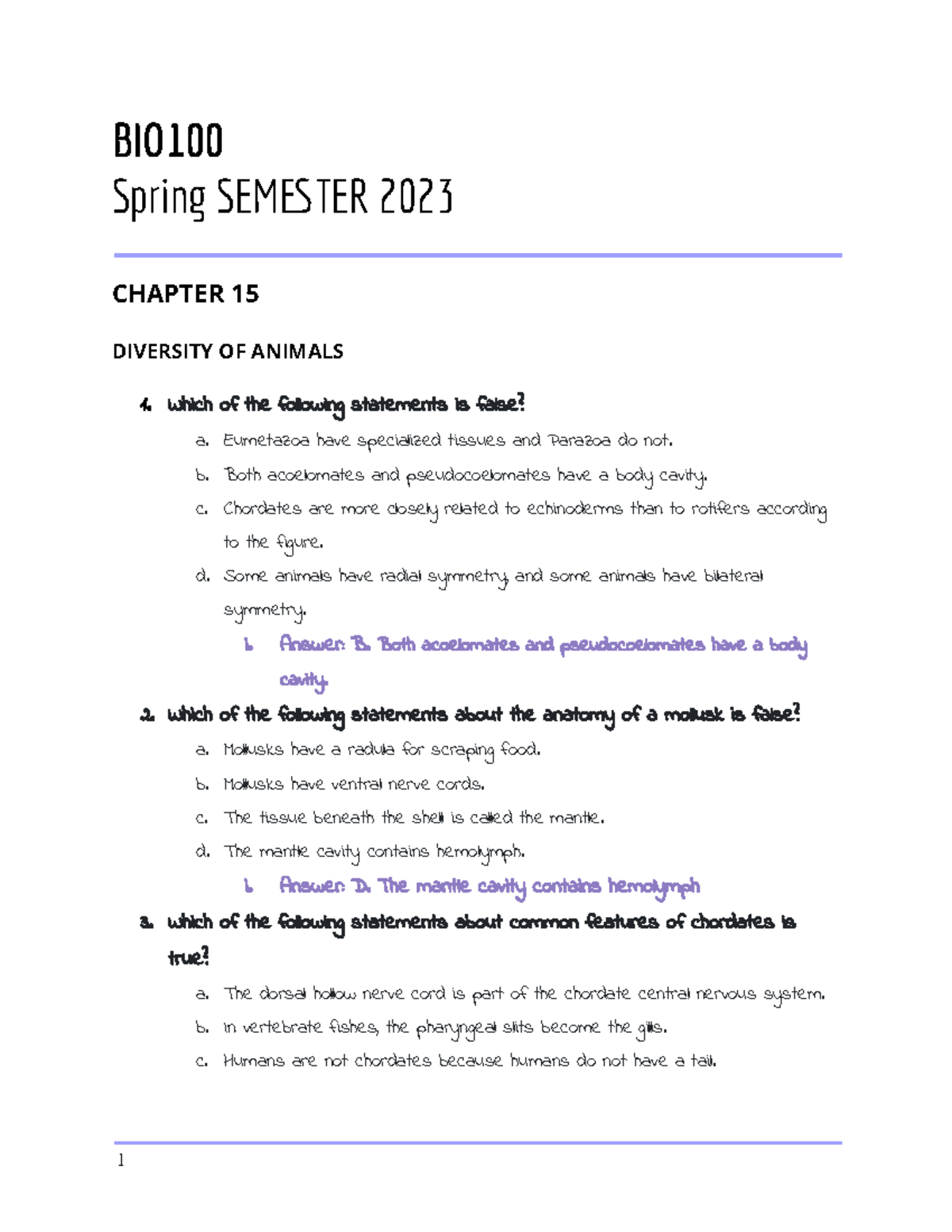 Biology CH15 - BIO Spring SEMTER 2023 CHAPTER 15 DIVERSITY OF ANIMALS 1 ...