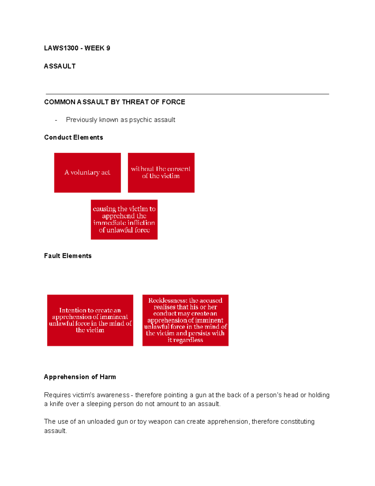 LAWS1300 - WEEK 9 - notes - LAWS1300 - WEEK 9 ASSAULT COMMON ASSAULT BY ...