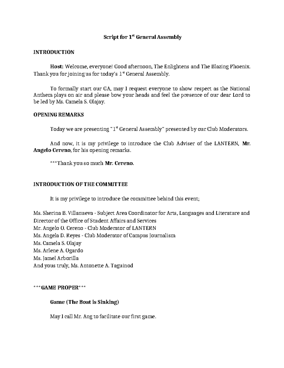 Script for 1st GA - Thank you for joining us for today's 1st General ...