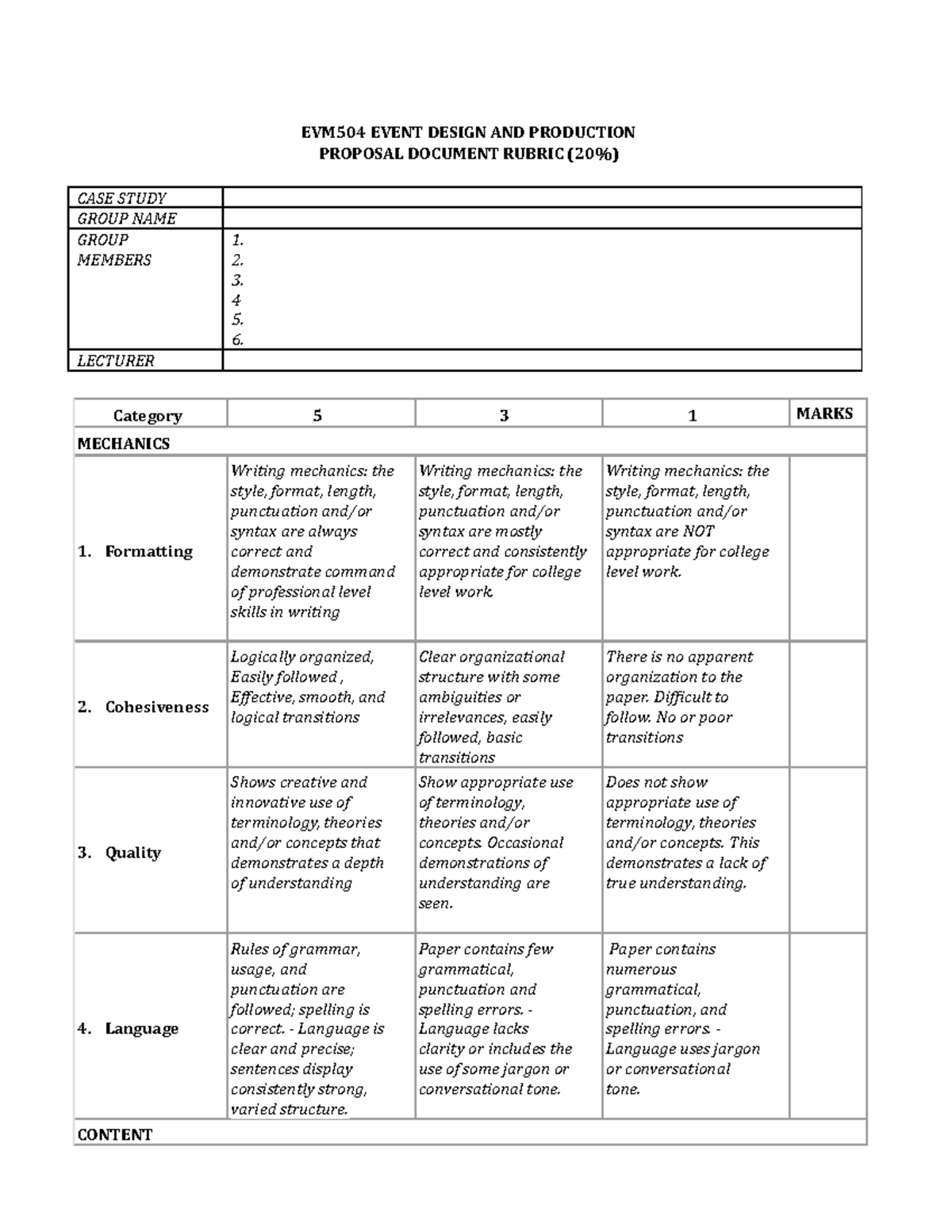 EVM504 Project Report Rubric - EVM504 EVENT DESIGN AND PRODUCTION ...