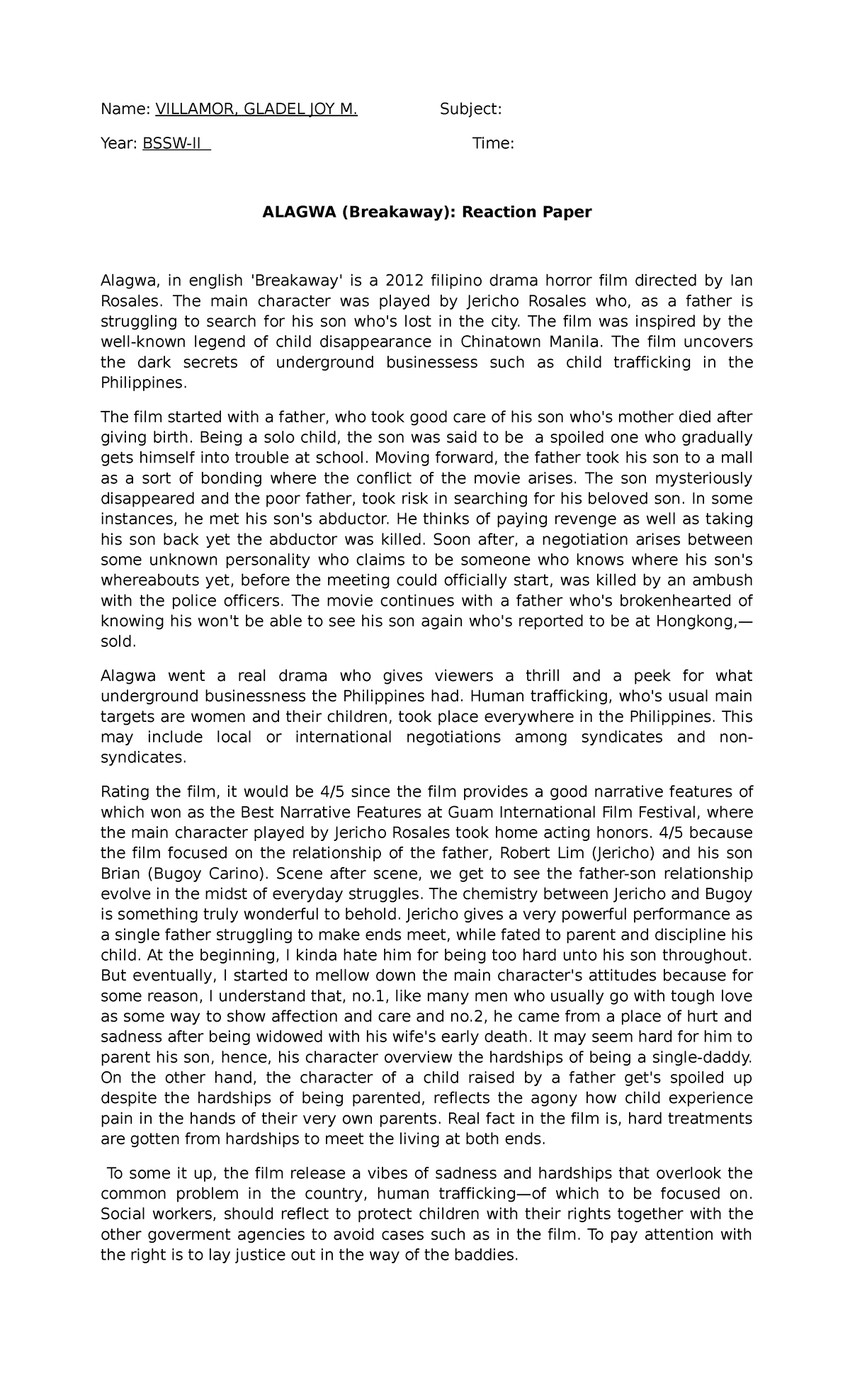 Alagwa Reaction Paper - Name: VILLAMOR, GLADEL JOY M. Subject: Year ...