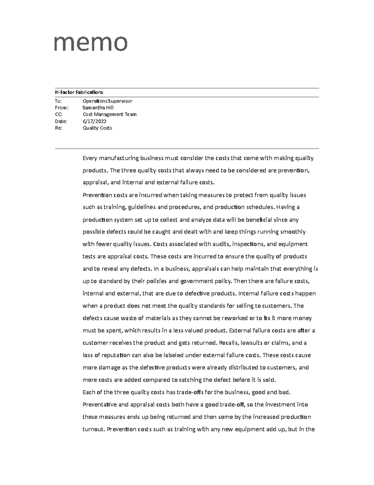 QHT1-Task 1-Passed - memo H-Factor Fabrications To: Operations ...