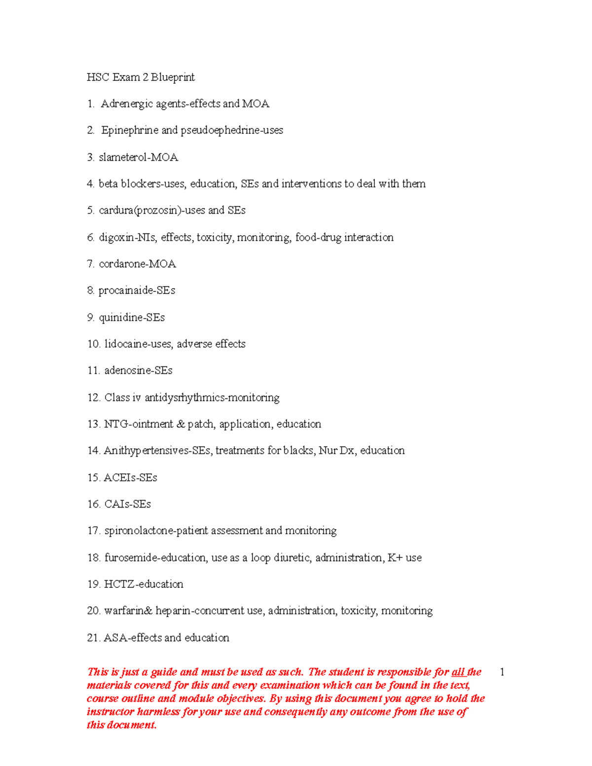 HSC Ex 2 Blueprint 1 - HSC Exam 2 Blueprint 1. Adrenergic agents ...