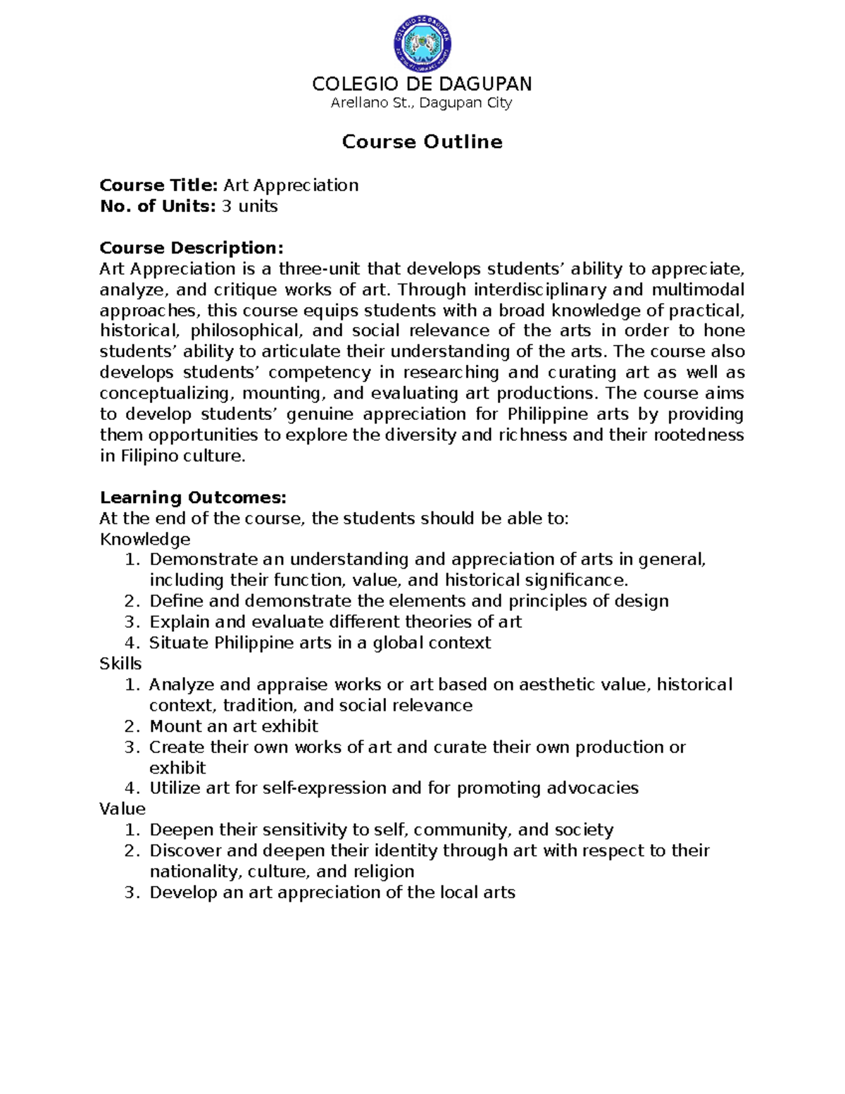 ART Appreciation Course Outline COLEGIO DE DAGUPAN Arellano St art-appreciation-course-outline-colegio-de-dagupan-arellano-st