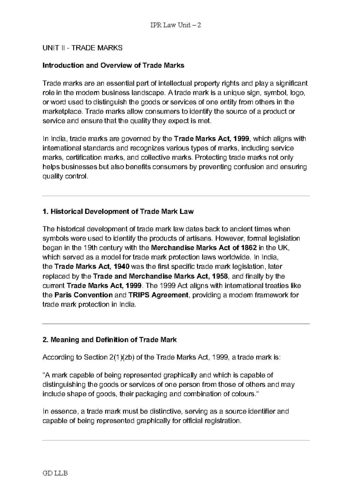 IPR Law - Unit 2 - IPR Law - Unit 2 - UNIT II - TRADE MARKS ...