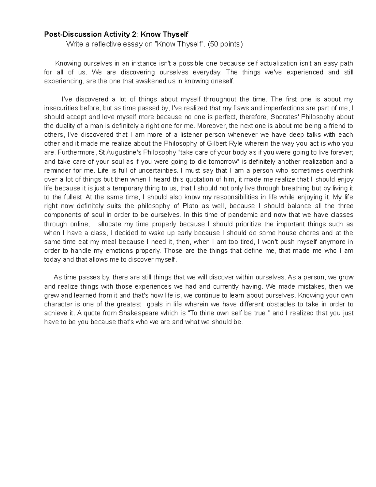3 Uself KNOW Thysel - Post-Discussion Activity 2 : Know Thyself Write a ...