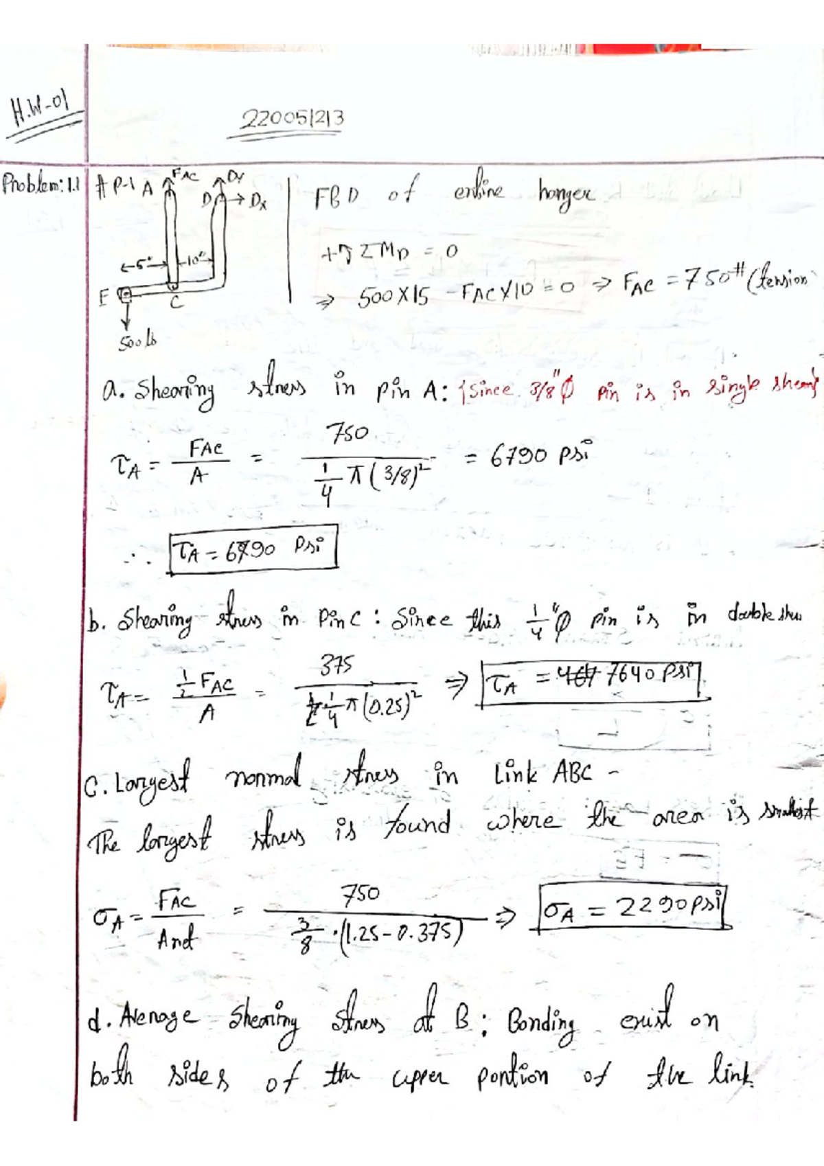 Solids stress Strain practice - 220051213 Problem: 1 FAC Dy D Dx FBD of enline hanger O E e ...