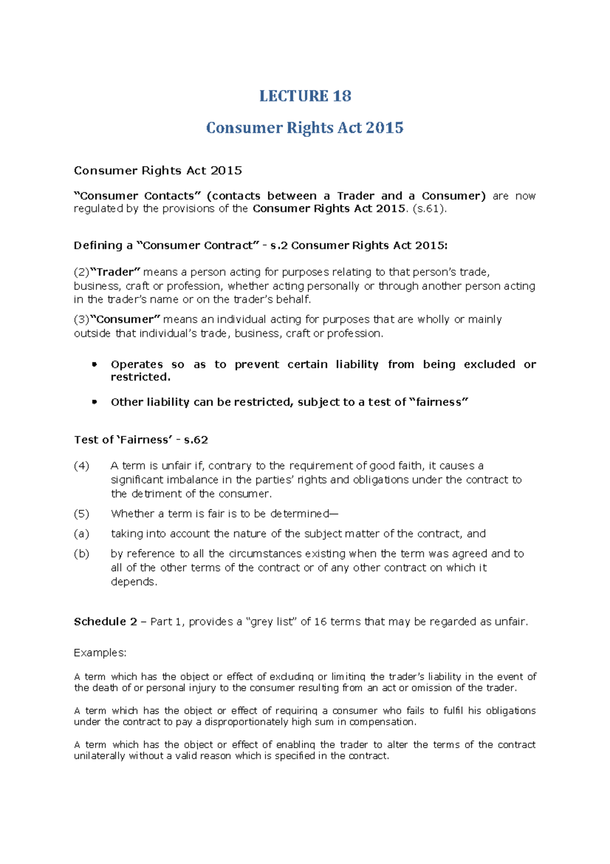 Lecture 18 (1) - LECTURE 18 Consumer Rights Act 2015 Consumer Rights ...