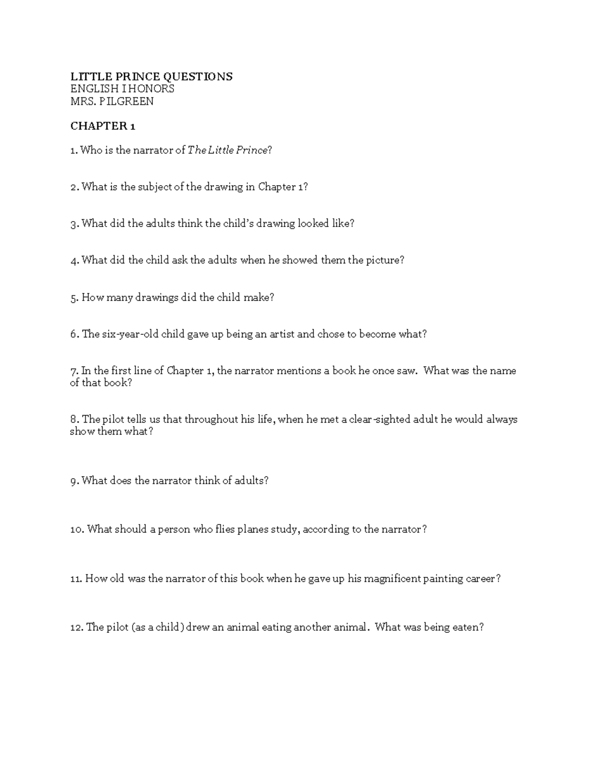 Little prince chapter questions - LITTLE PRINCE QUESTIONS ENGLISH I ...