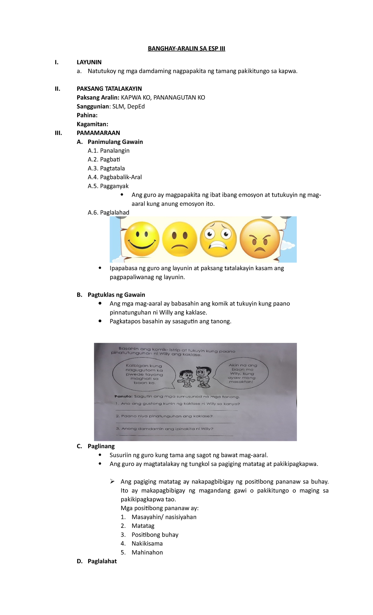 Lesson PLAN IN ESP 3 - BANGHAY-ARALIN SA ESP III I. LAYUNIN a ...