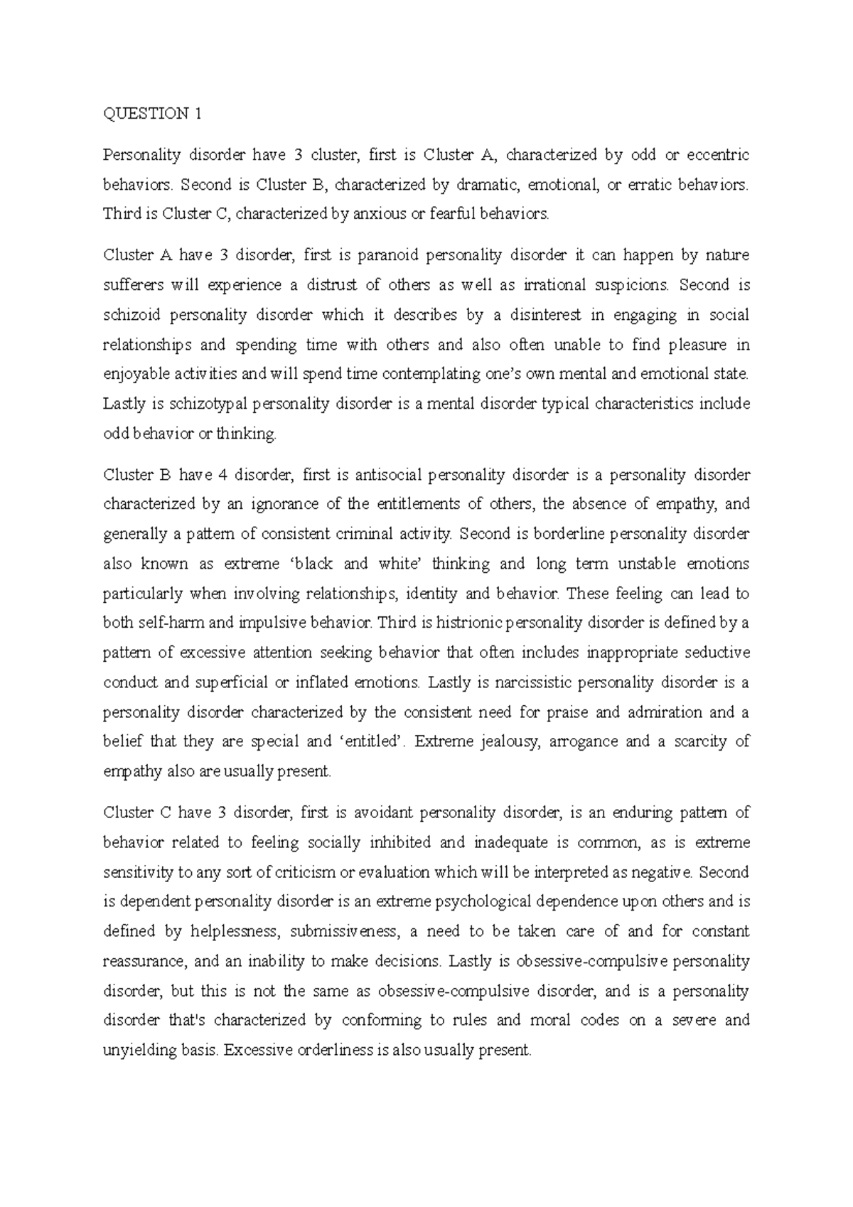 applied statistic - QUESTION 1 Personality disorder have 3 cluster ...