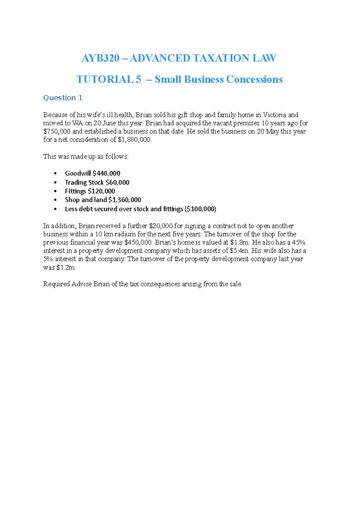 AYB320 0123 Tutorial SBC - AYB320 – ADVANCED TAXATION LAW TUTORIAL 5 ...