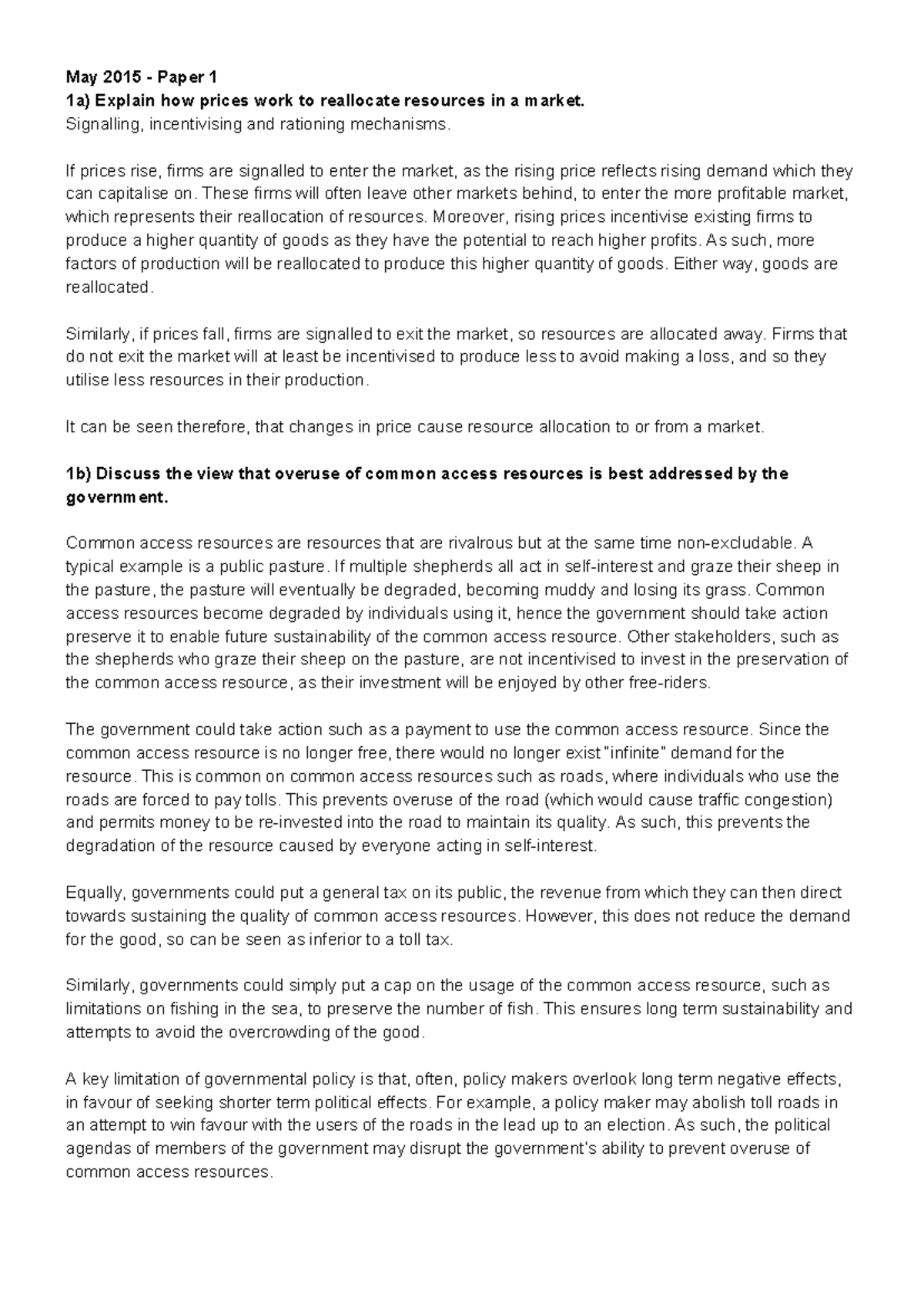 Sample Responses - IB notes - May 2015 - Paper 1 1a) Explain how prices ...