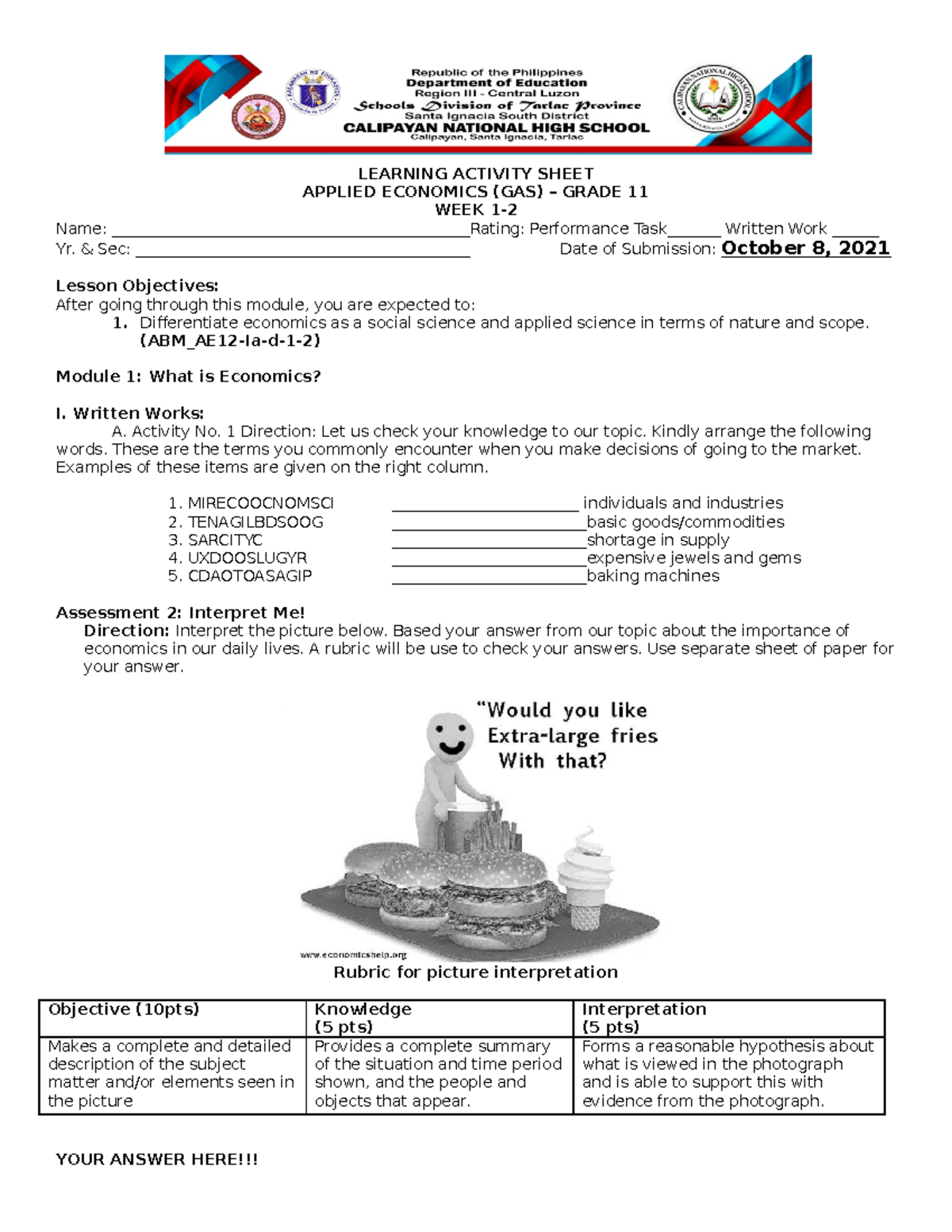Learning Activity Sheet Q1 AE2 W1-3 - LEARNING ACTIVITY SHEET APPLIED ...