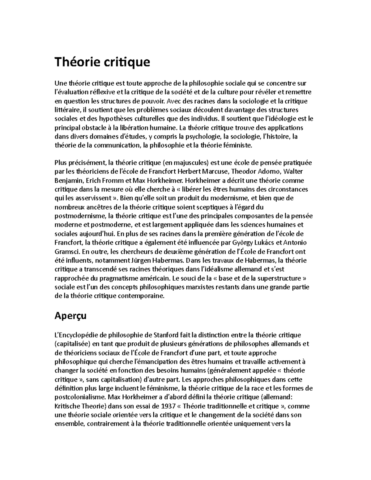 Théorie critique - Théorie critique Une théorie critique est toute ...