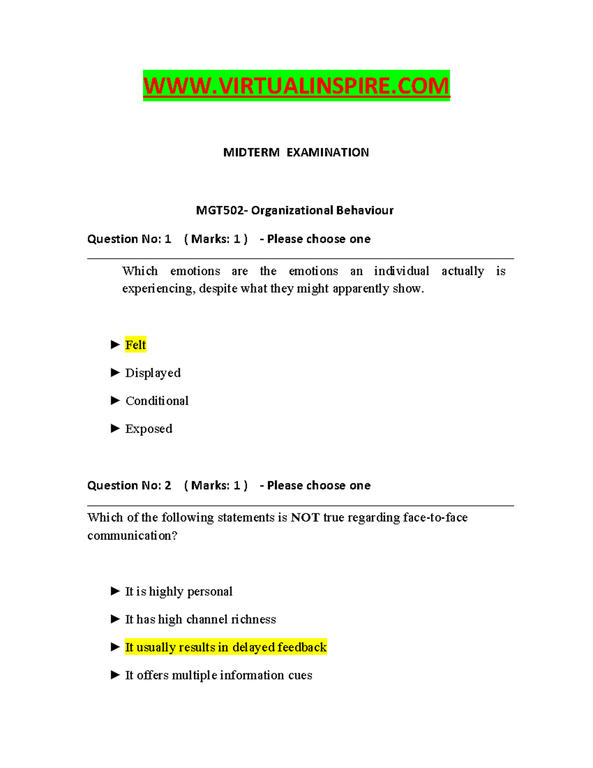Mid-mgt502-10 MID TERM Solved Paper - WWW.VIRTUALINSPIRE MIDTERM EXAMINATION MGT502 ...
