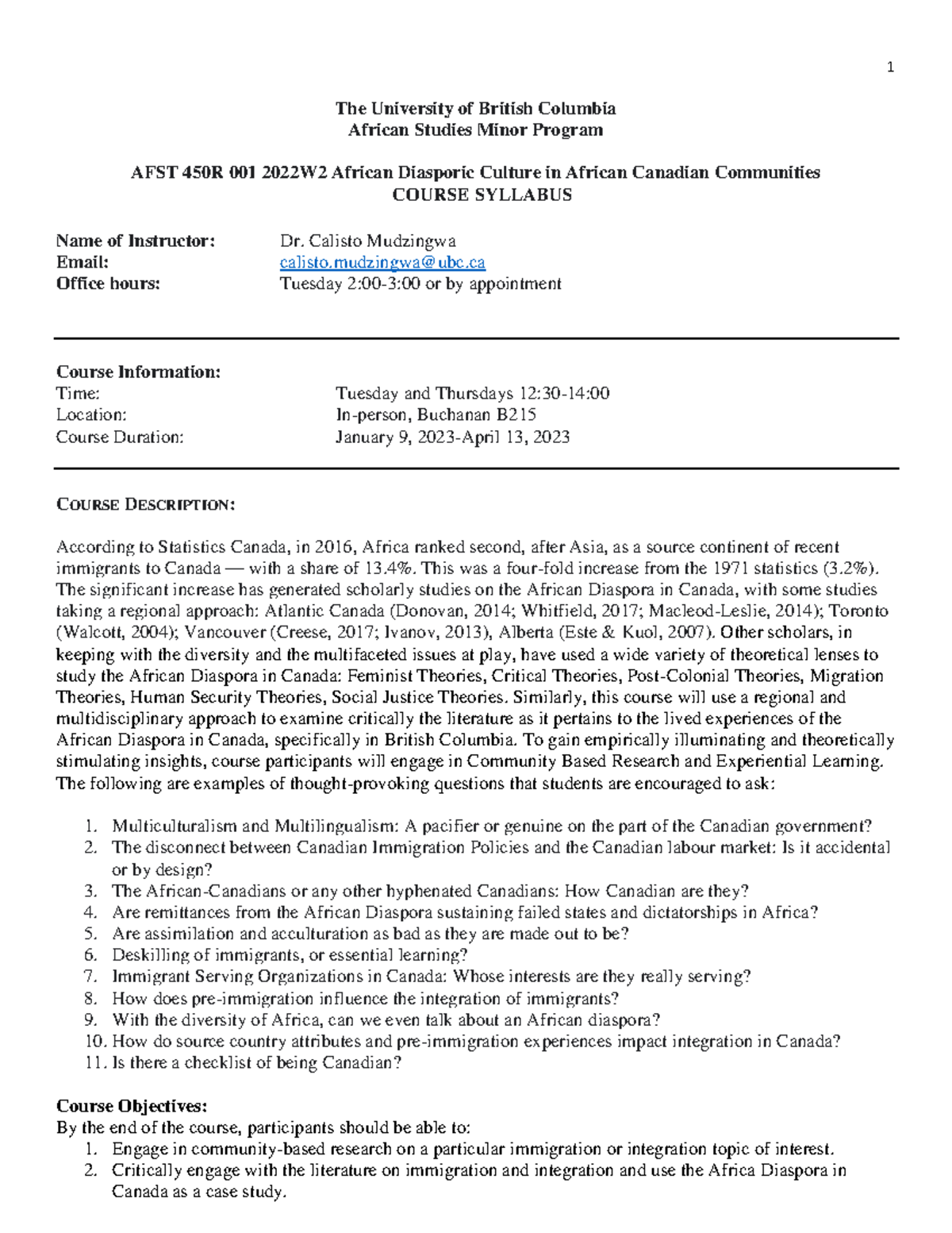 AFST 450R 001 2022W2 Course Syllabus (Revised) - The University of ...