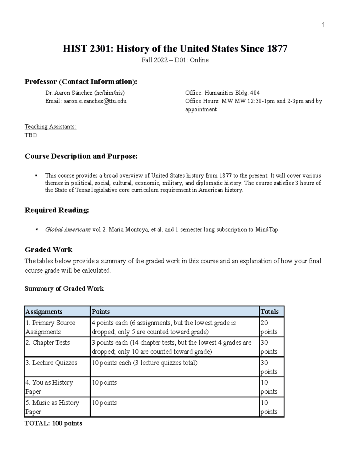 HIST 2301 Online Syllabus - HIST 2301: History of the United States ...