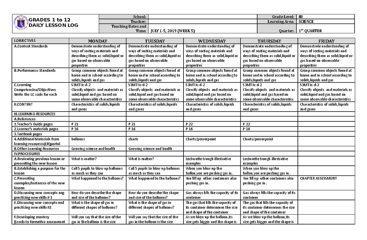 DLL Science 3 Q1 W5 - GRADES 1 to 12 DAILY LESSON LOG School: Grade Level: III Teacher: Learning ...