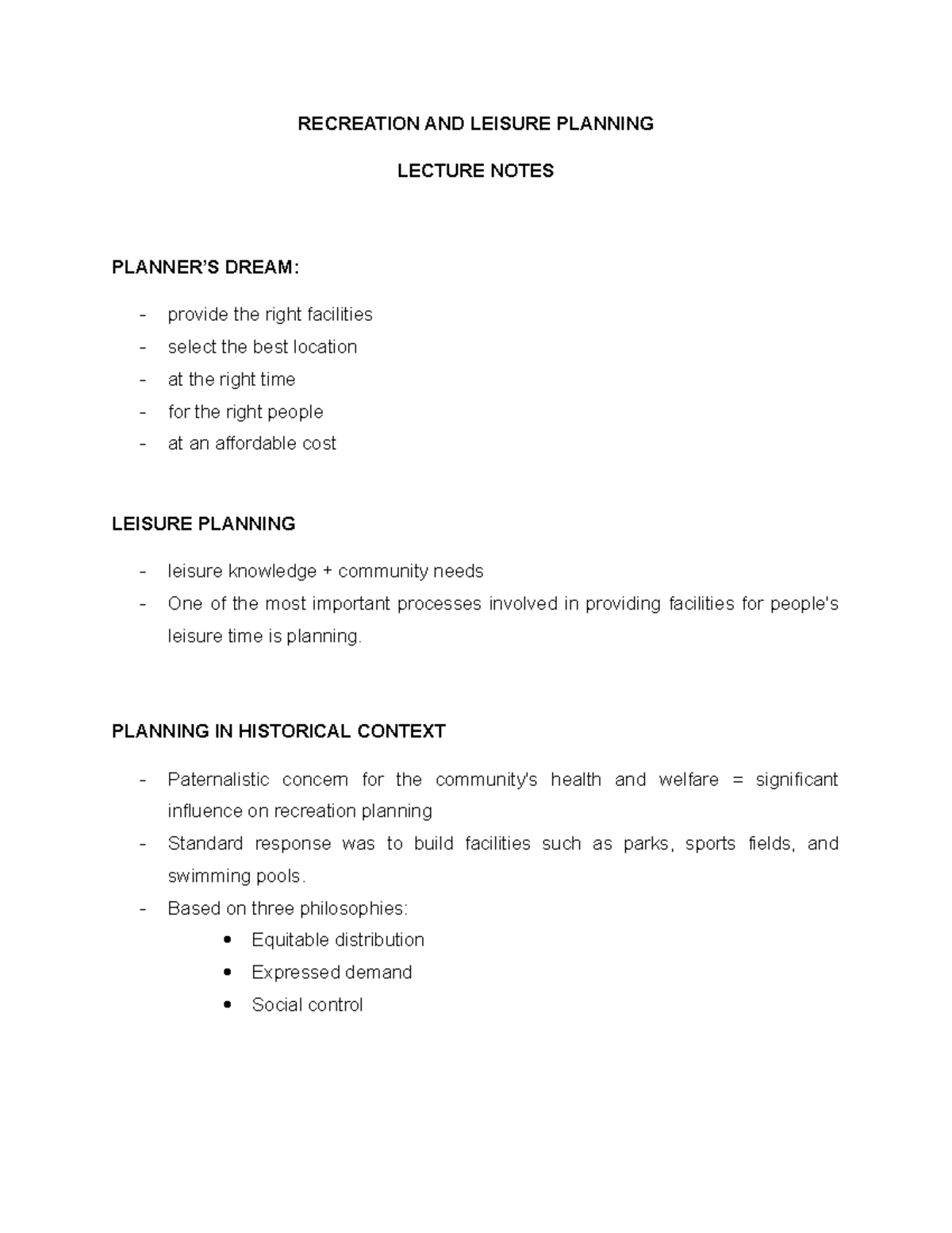 Recreation and Leisure Planning Lecture Notes - RECREATION AND LEISURE ...