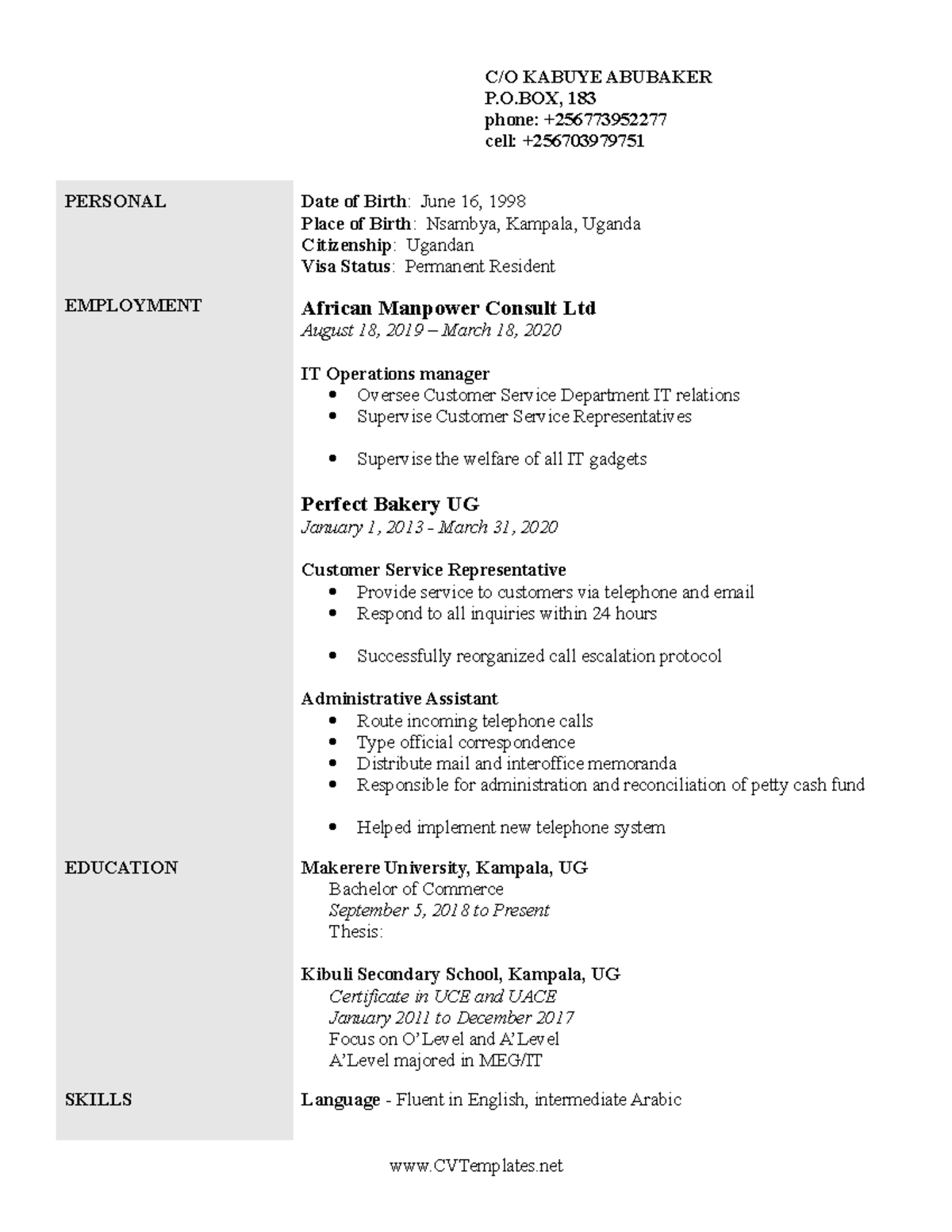 Employment CV Letter FOR A BOY IN UGANDA - C/O KABUYE ABUBAKER P.O, 183 ...