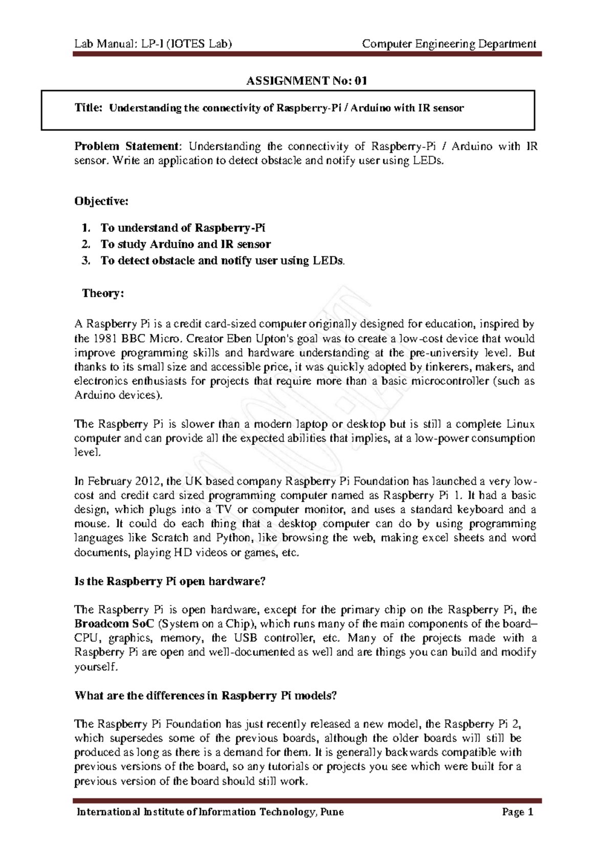 Writeup Assignment 1 - Title: Understanding the connectivity of Raspberry-Pi / Arduino with IR ...