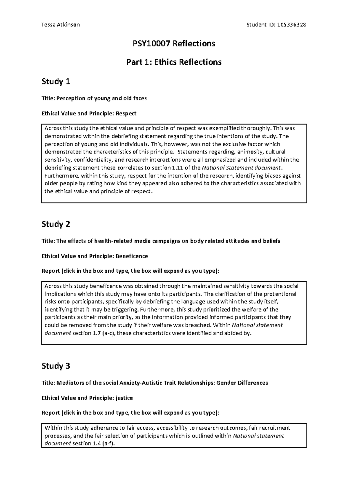 Assignment 2 brainandbehaviour PSY10007 - PSY10007 Reflections Part 1: Ethics Reflections Study ...