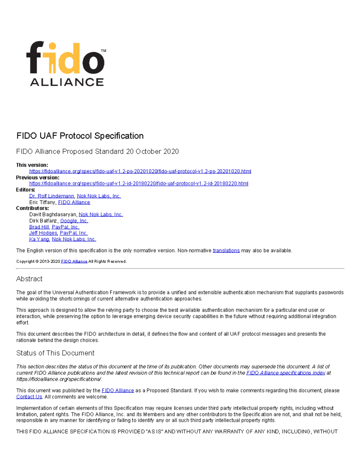 Fido uaf protocol v1 - FIDO UAF Protocol Specification FIDO Alliance ...