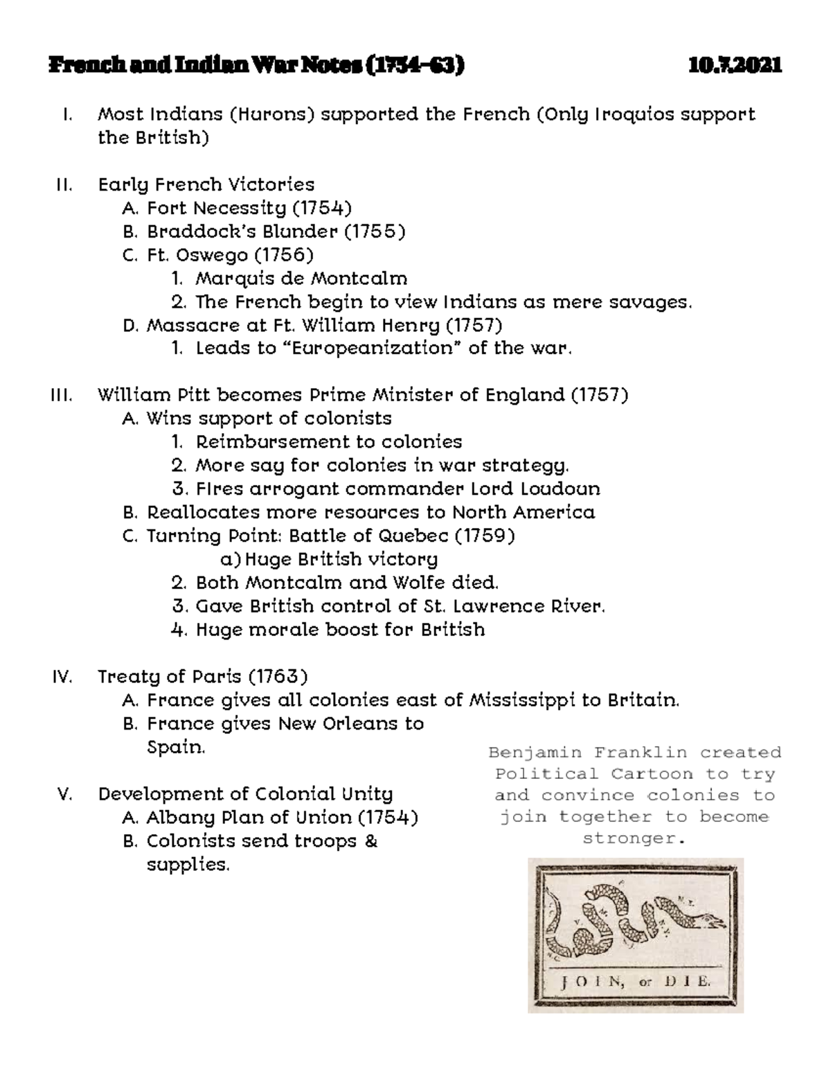 French and Indian War Notes (10.7.2021) w Ortiz;lx; - French and Indian ...